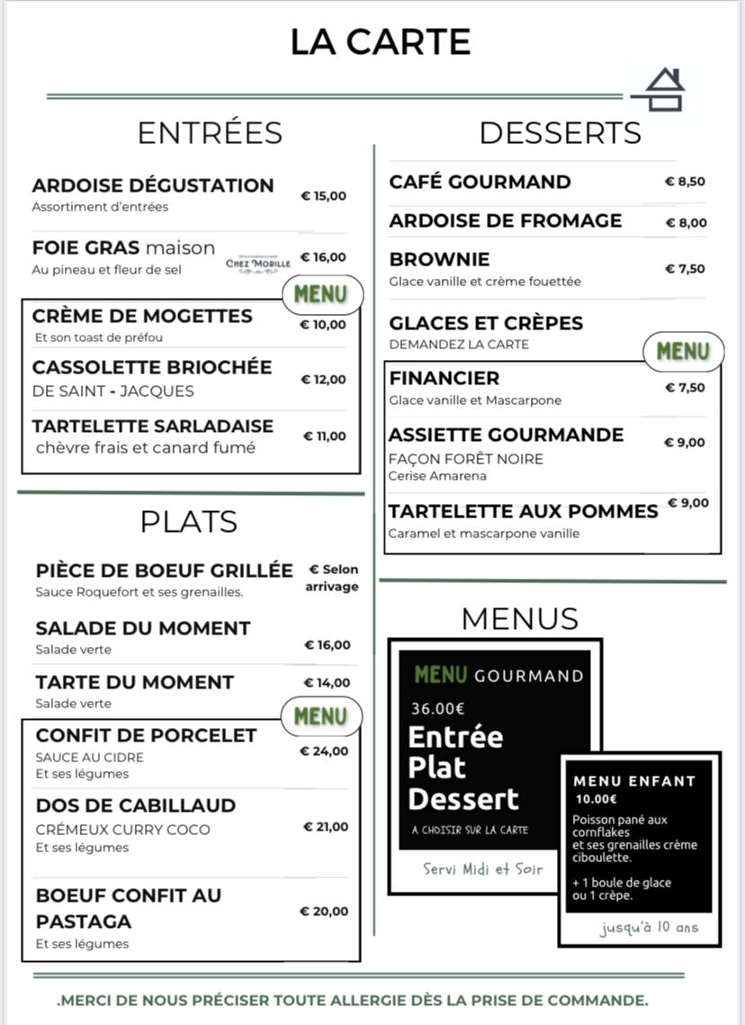 Menu au L'Atelier Gourmand restaurant, Coulon
