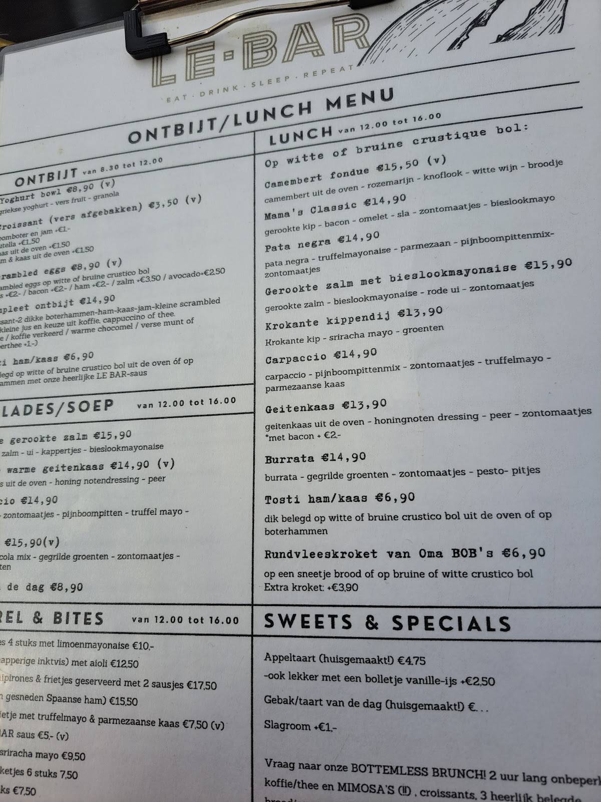 Menu at LE•BAR, Zandvoort