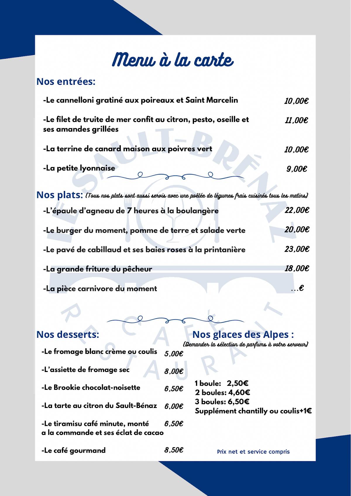 Menu au LE SAULT BRENAZ restaurant, Sault-Brénaz