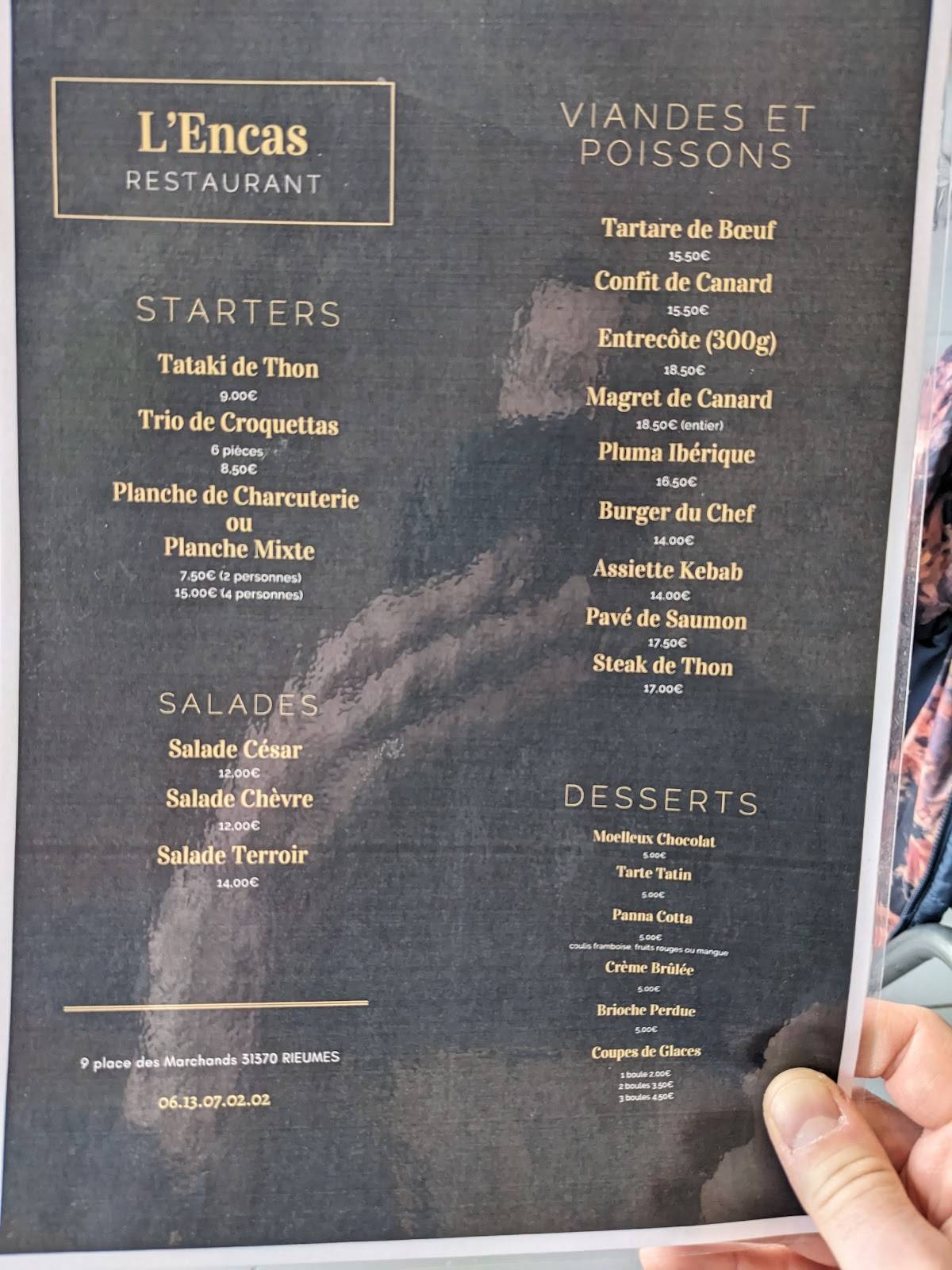Menu au L'Encas restaurant, Rieumes