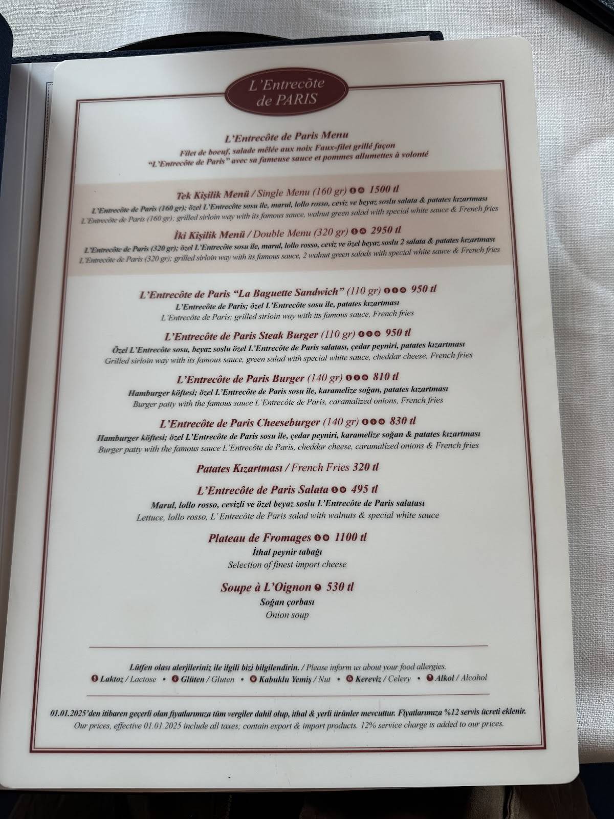 Menu at L'Entrecote de Paris, Maslak Mahallesi, Büyükdere Caddesi