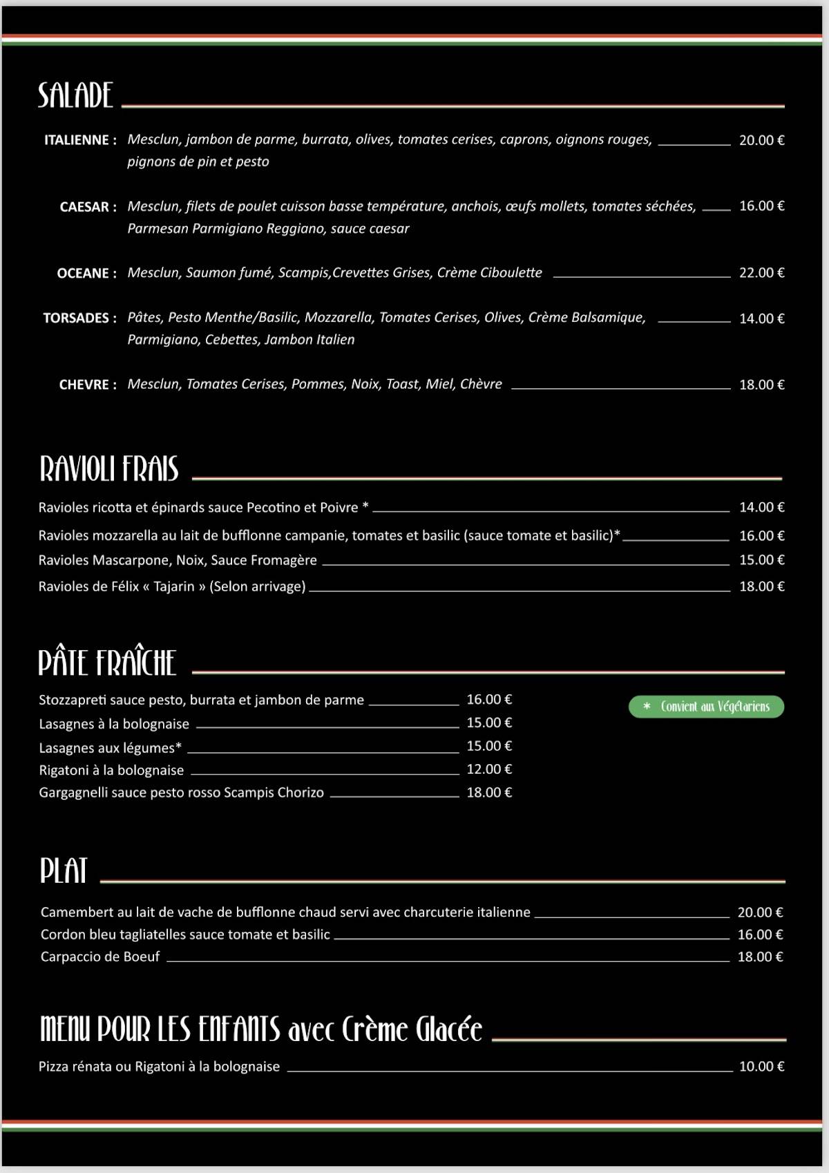 Menu au L’Excelsior lounge restaurant, Bailleul