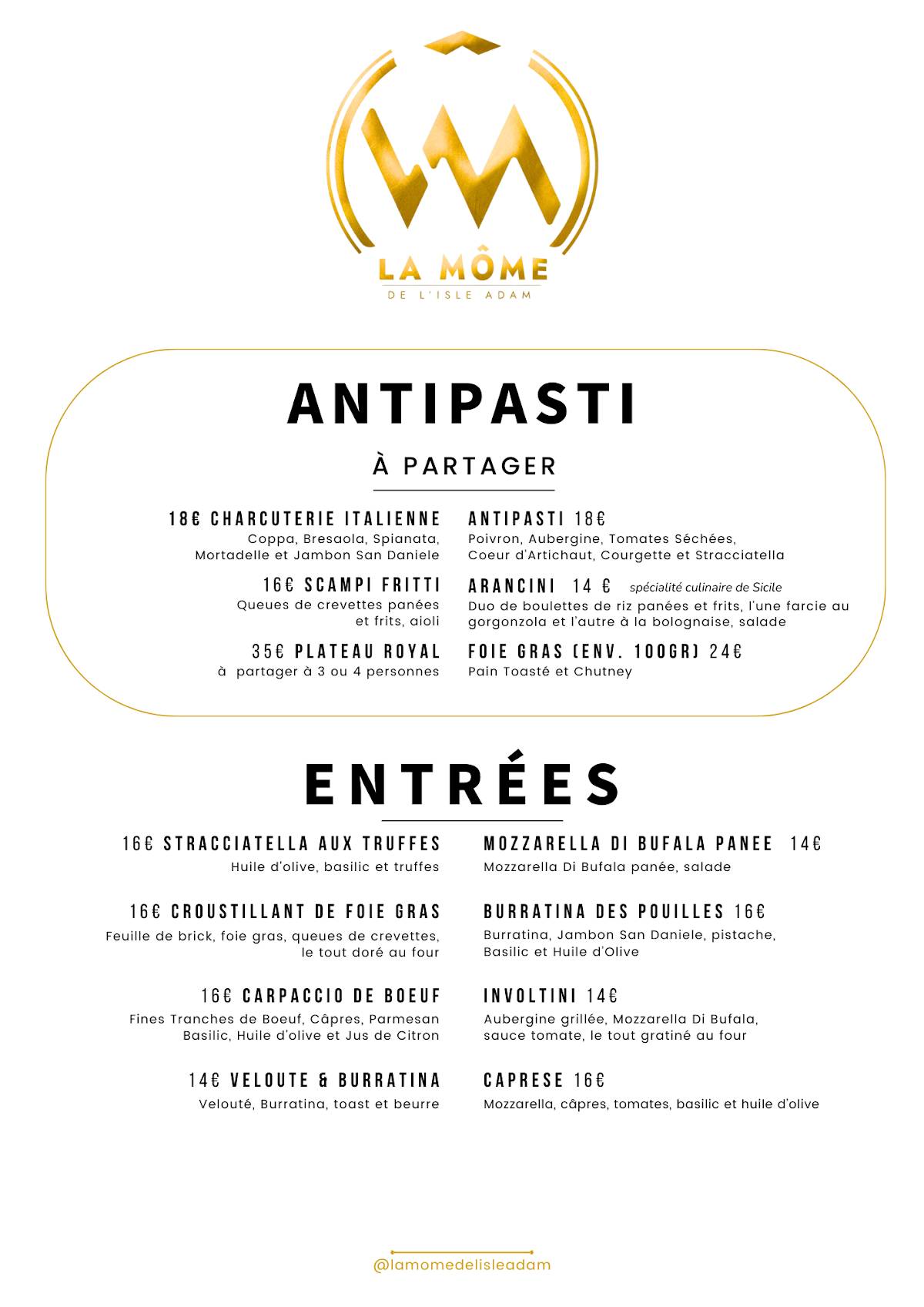 Menu au La Môme de l’isle Adam restaurant, L'Isle-Adam