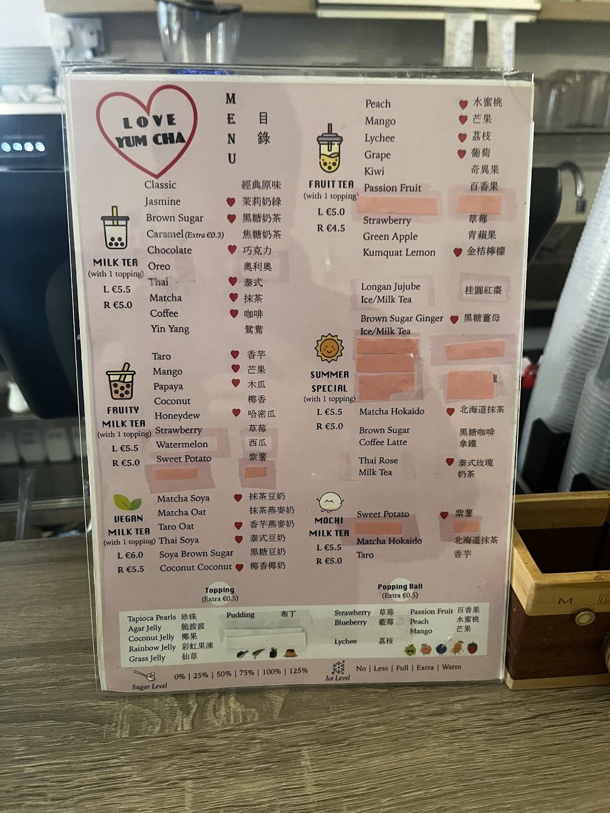 Carta de LOVE YUM CHA Bubble Tea, Dublin