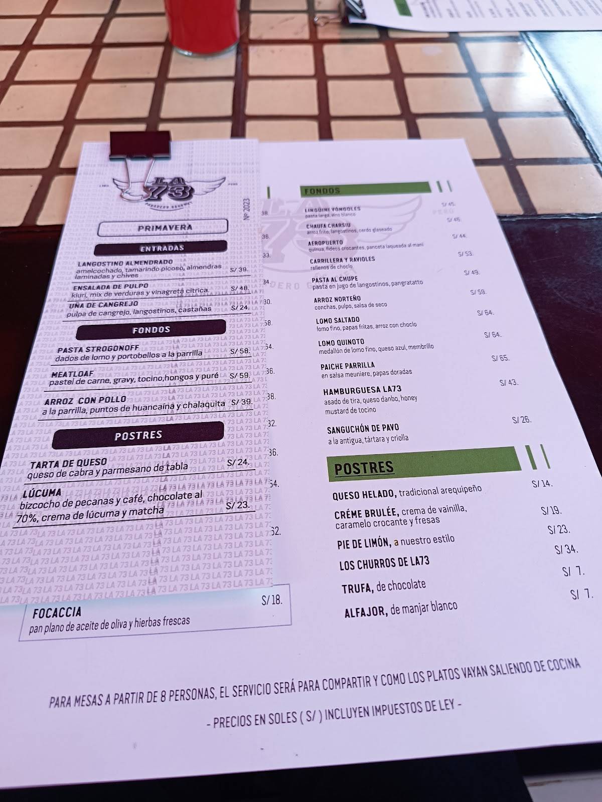 Carta del restaurante La 73, Barranco