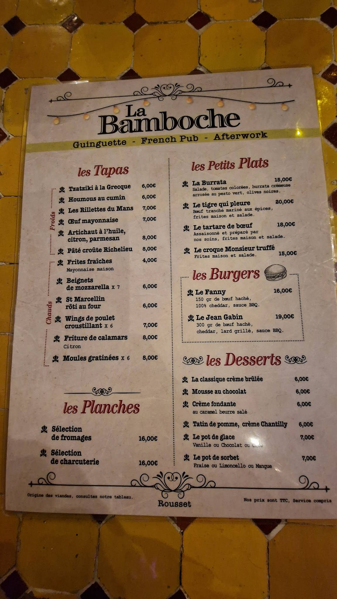 Menu au La Bamboche restaurant, Rousset
