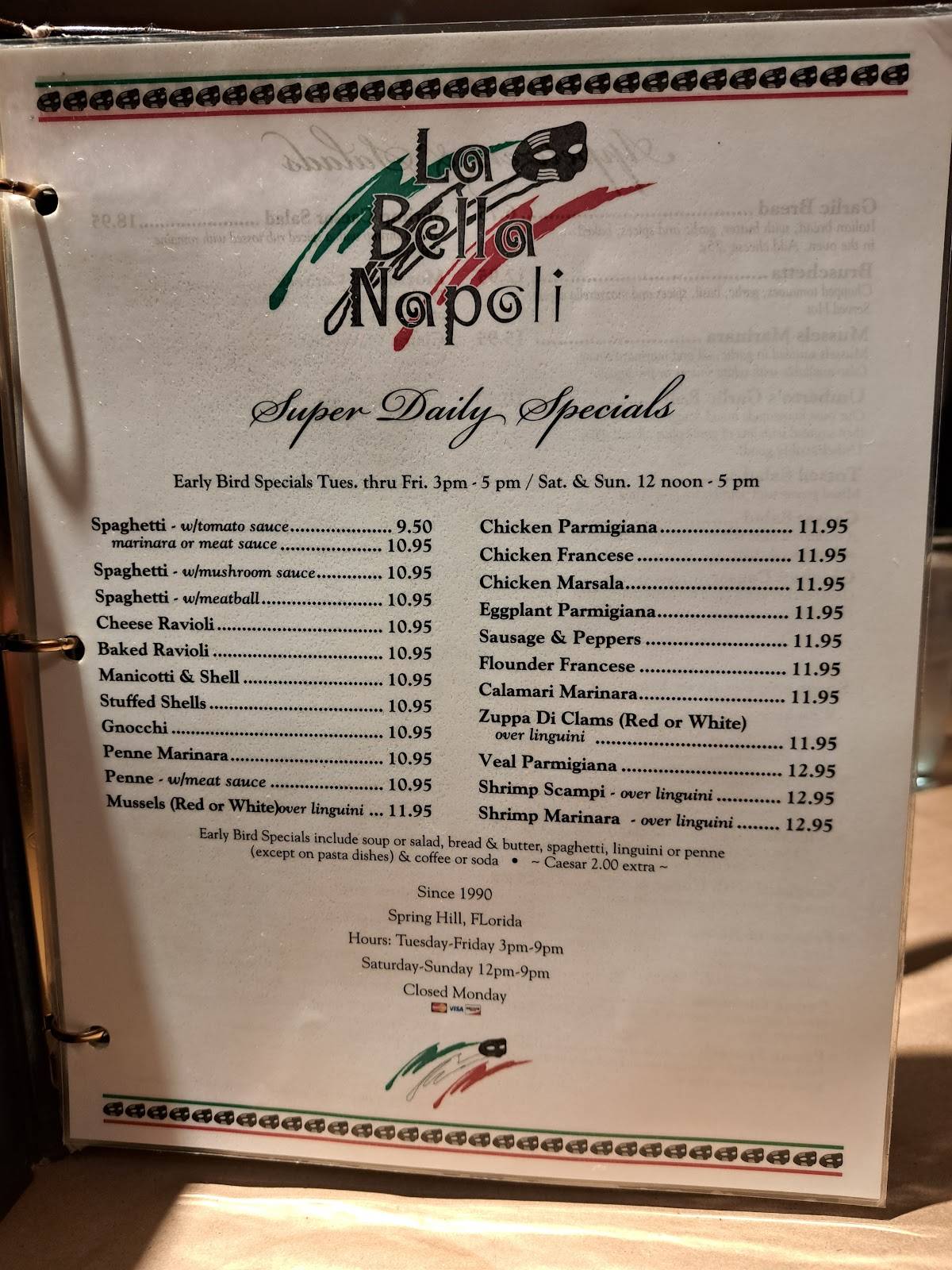Menu at La Bella Napoli Restaurant, Spring Hill