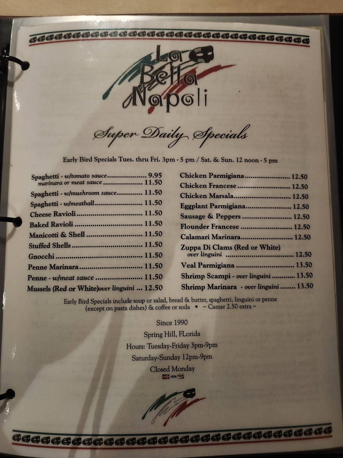 Menu at La Bella Napoli Restaurant, Spring Hill