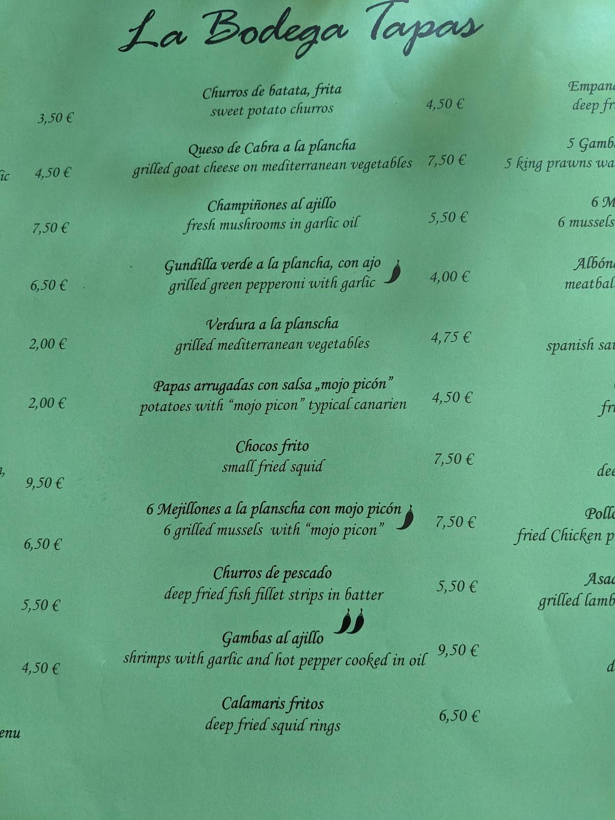 Carta del pub y bar La Bodega Vino & Tapas, Landstuhl