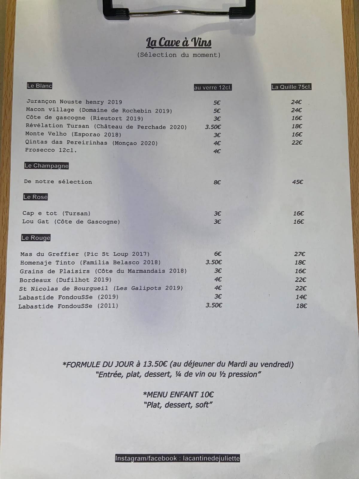 Menu au La Cantine de Juliette restaurant, Tartas