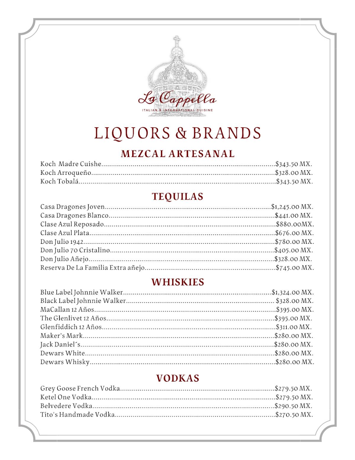 Menu at La Cappella Restaurante, Puerto Vallarta