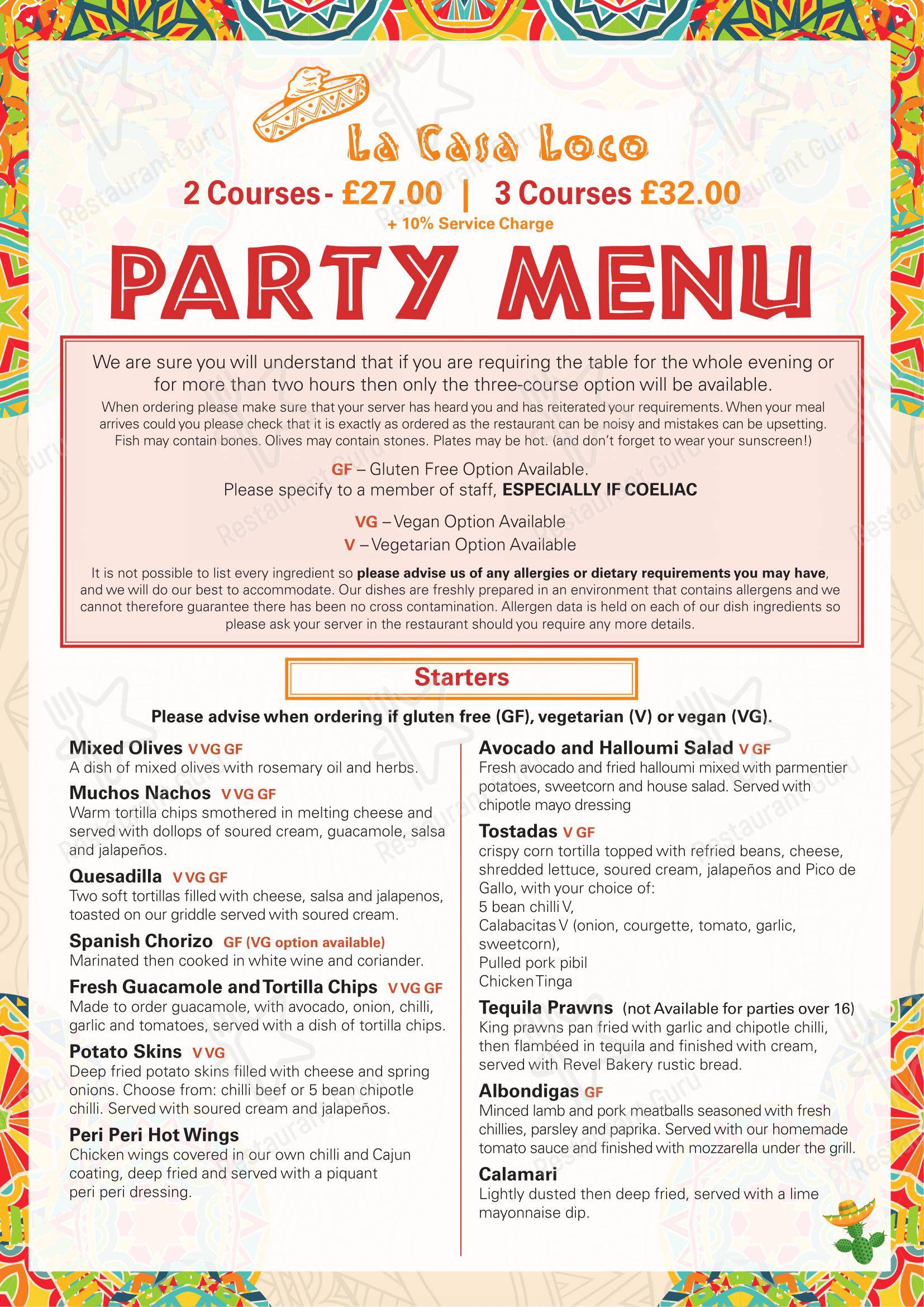Menu at La Casa Loco restaurant, Rugby