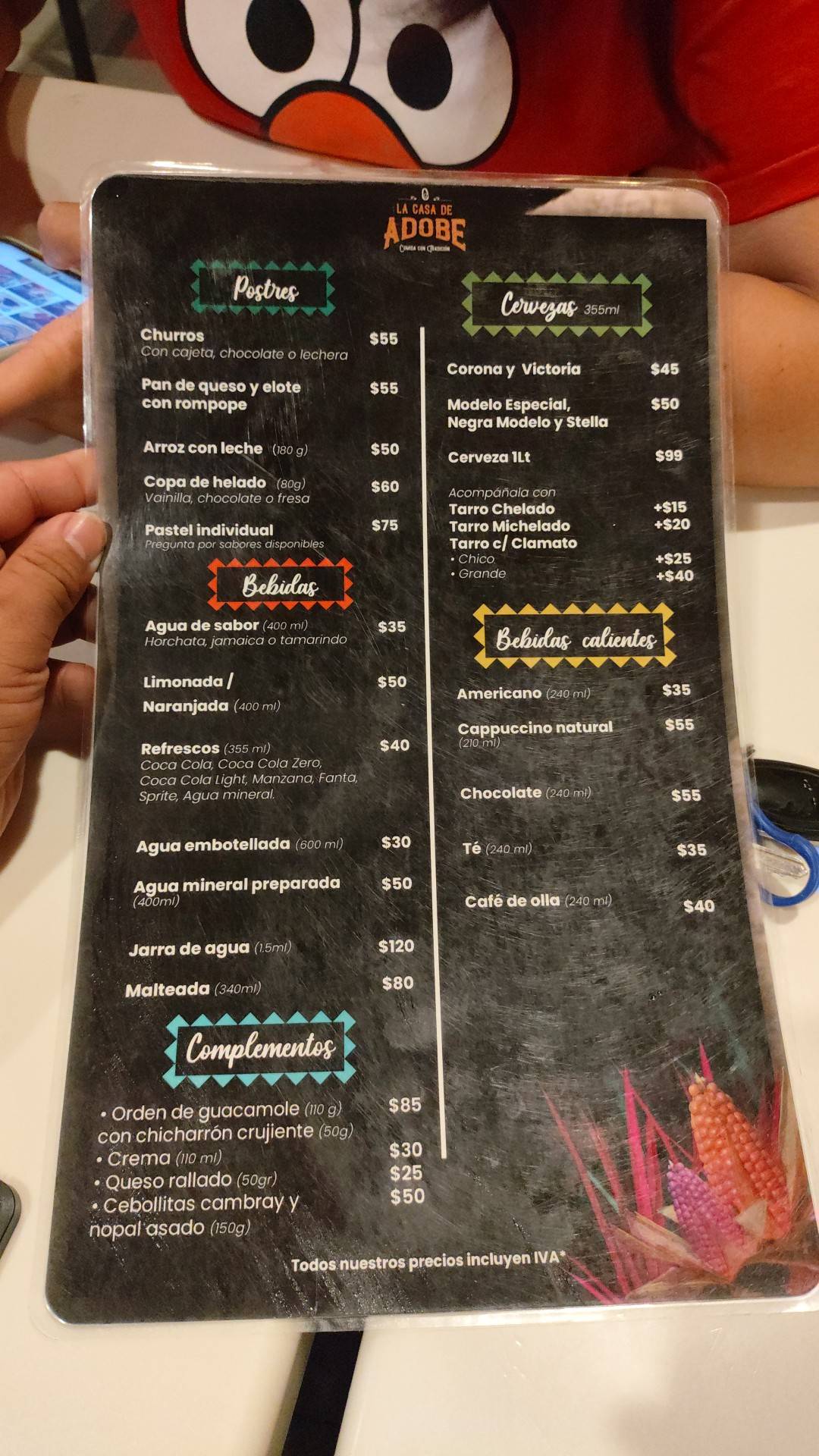 Menu at La Casa de Adobe restaurant, Mexico City