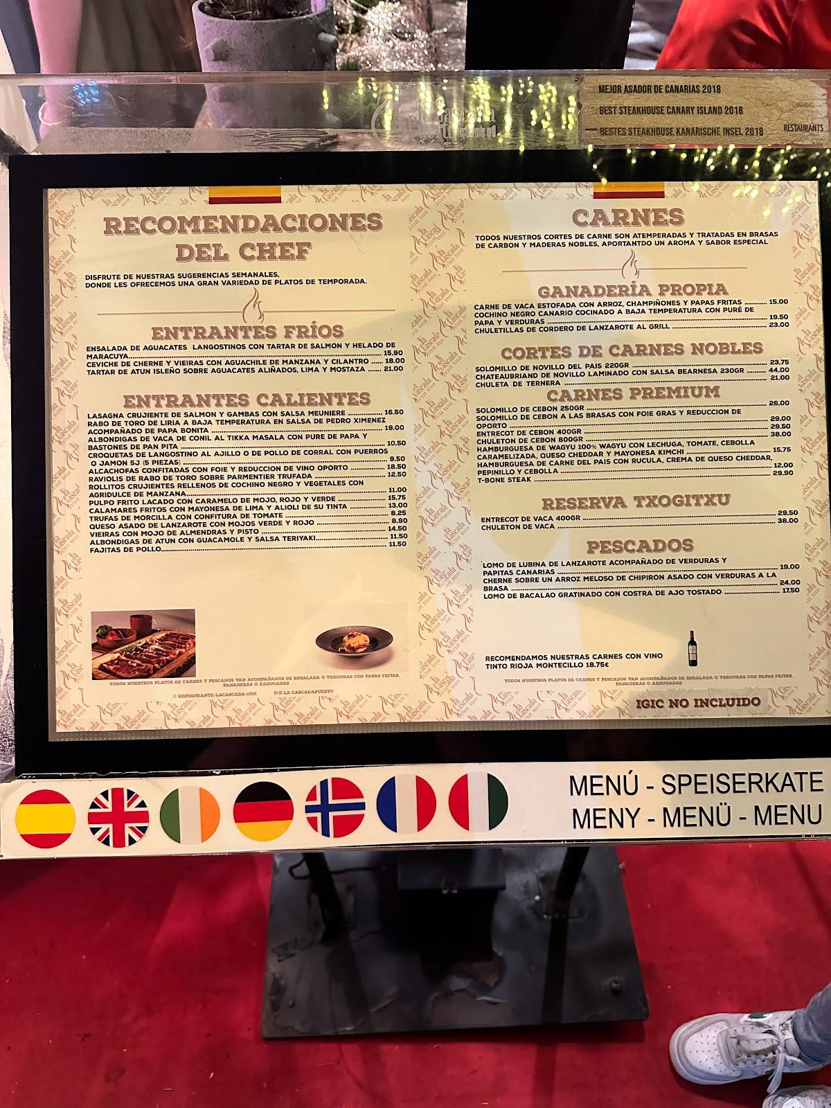 Menu at La Cascada pub & bar, Puerto del Carmen