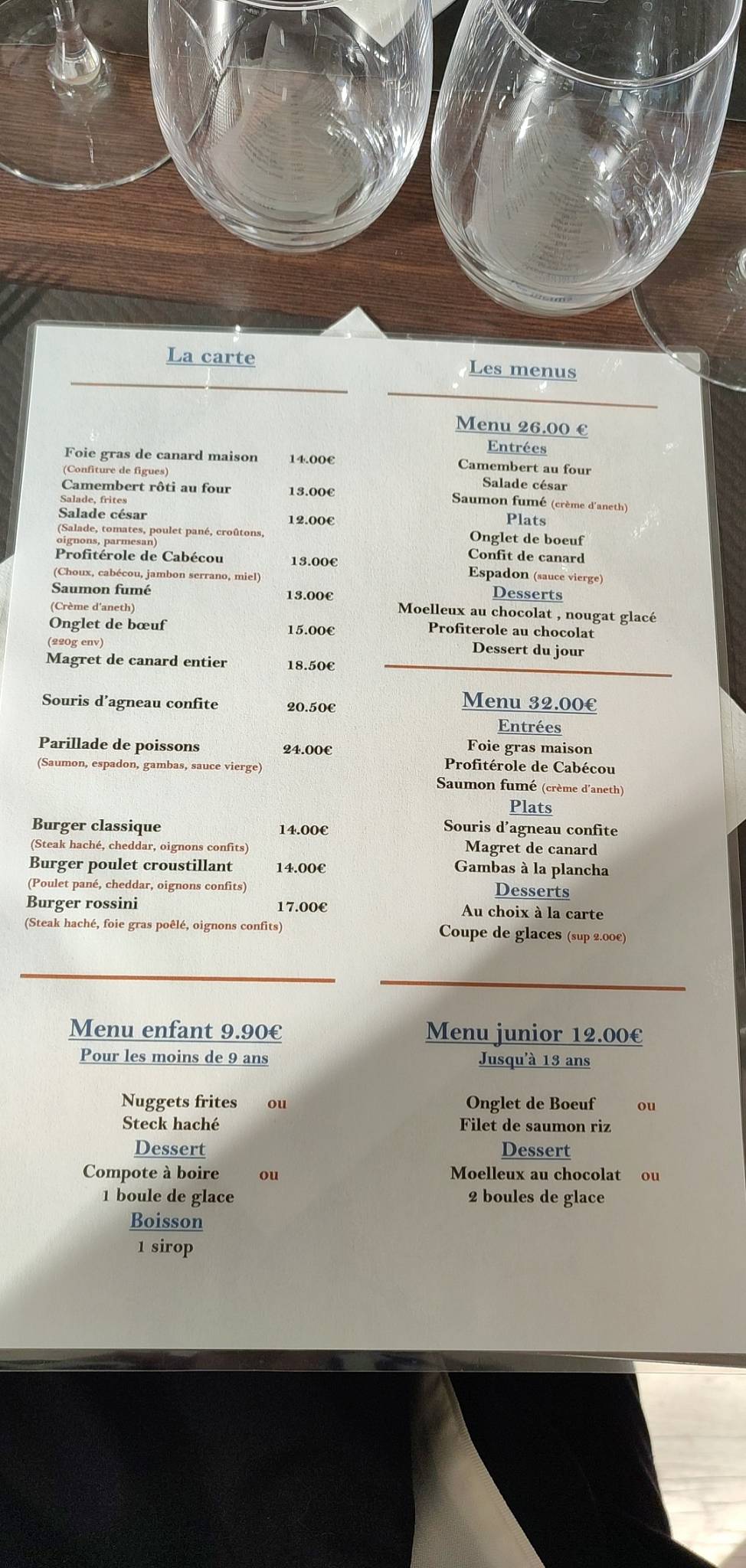 Menu au La Cascade restaurant, Moussan