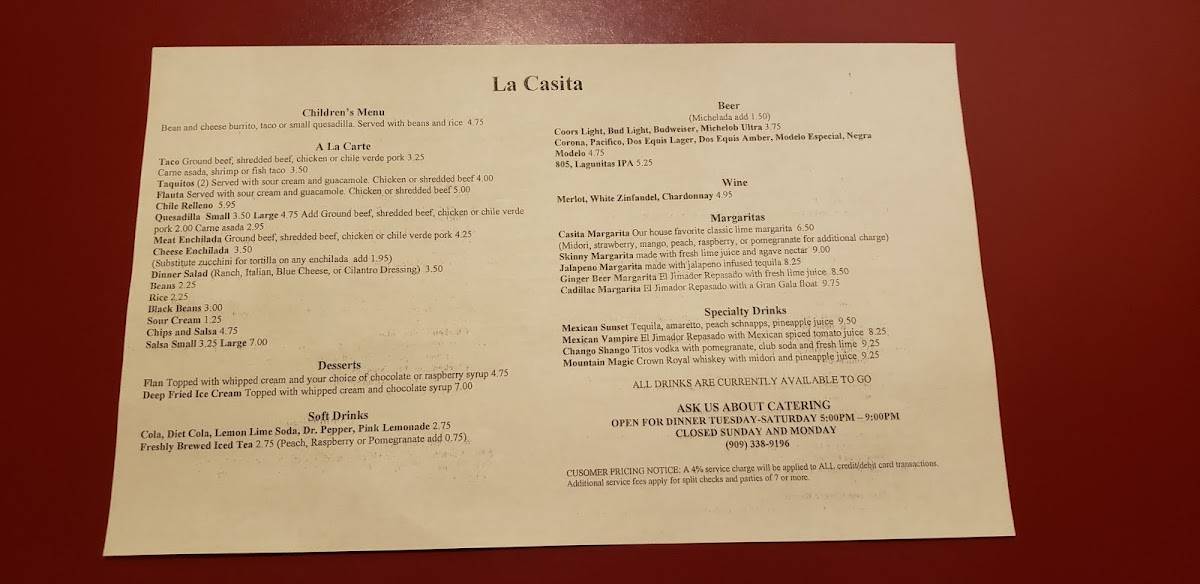 Menu at La Casita Crestline restaurant, Crestline