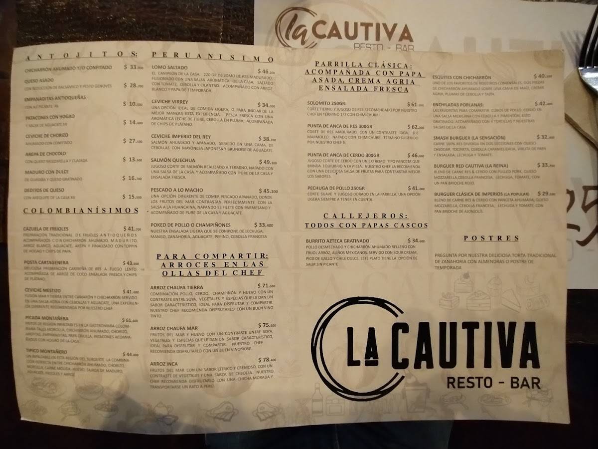 Carta del restaurante La Cautiva, Amagá