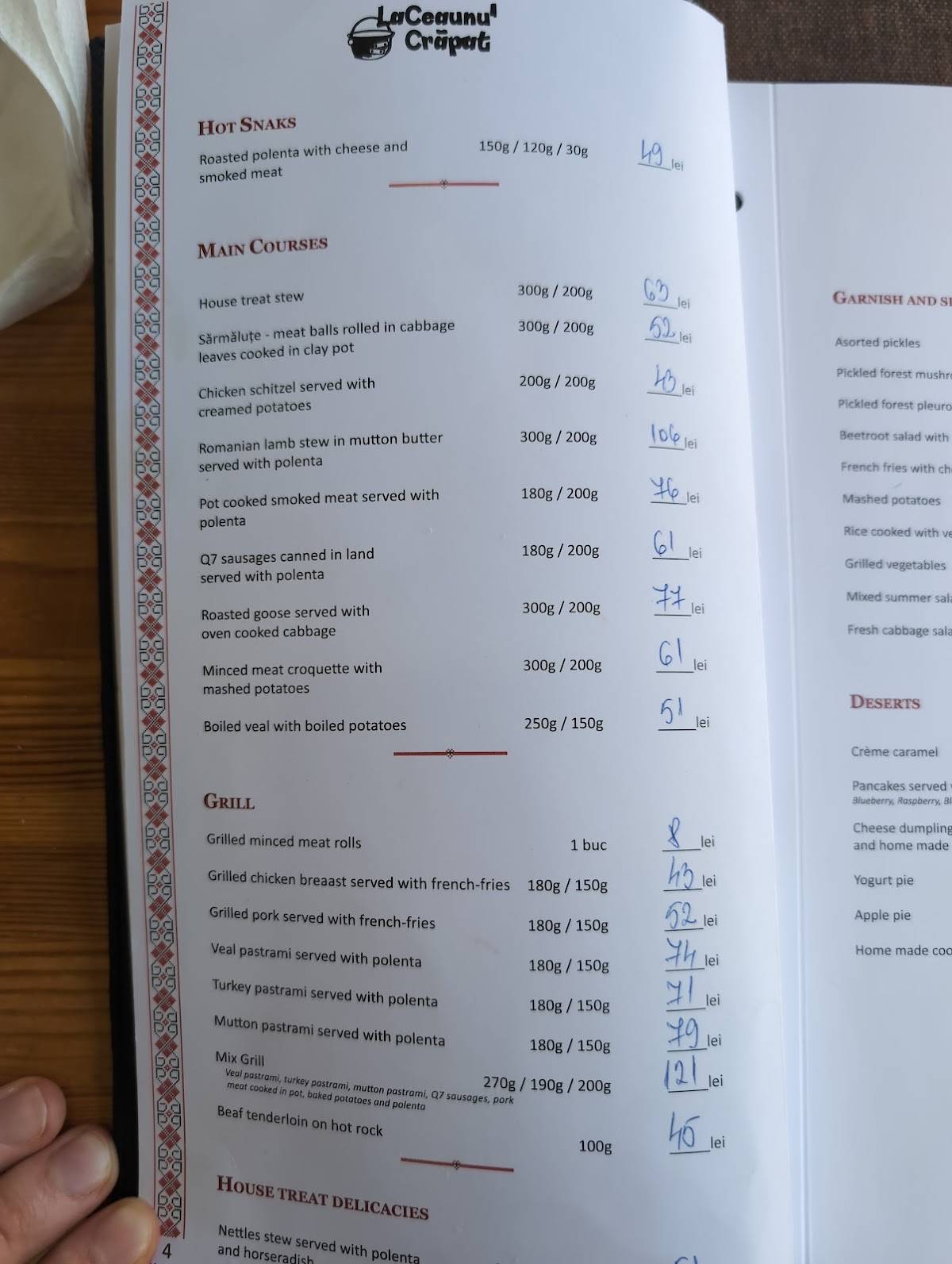 Menu at La Ceaunu' Crapat, Sinaia, Strada Cota 1400