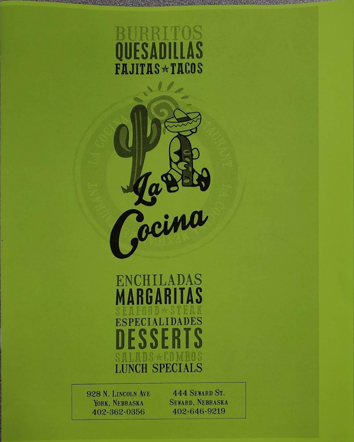 Menu at La Cocina Mexican Restaurant, York