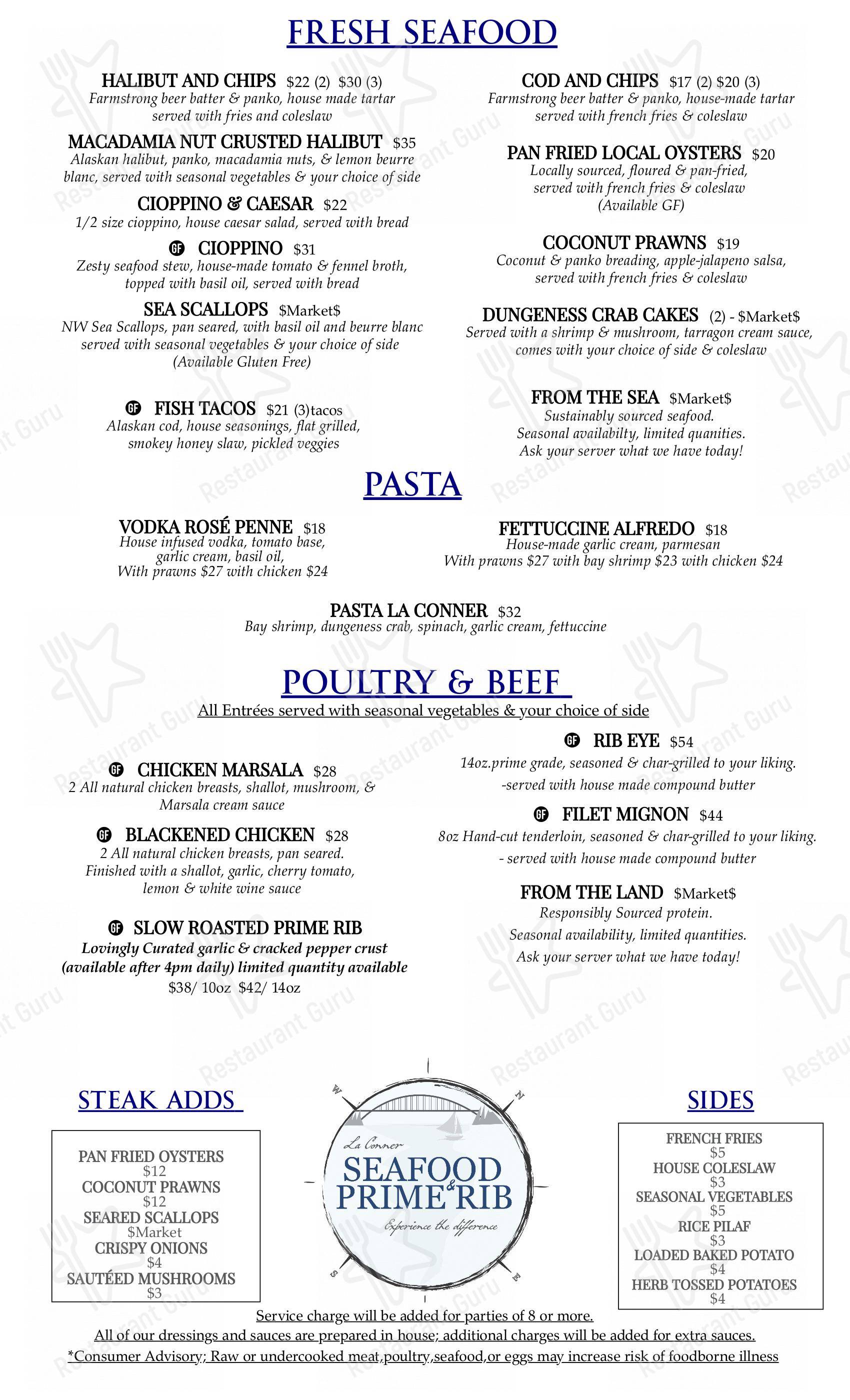 Carta de parrilla La Conner Seafood & Prime Rib House, La Conner