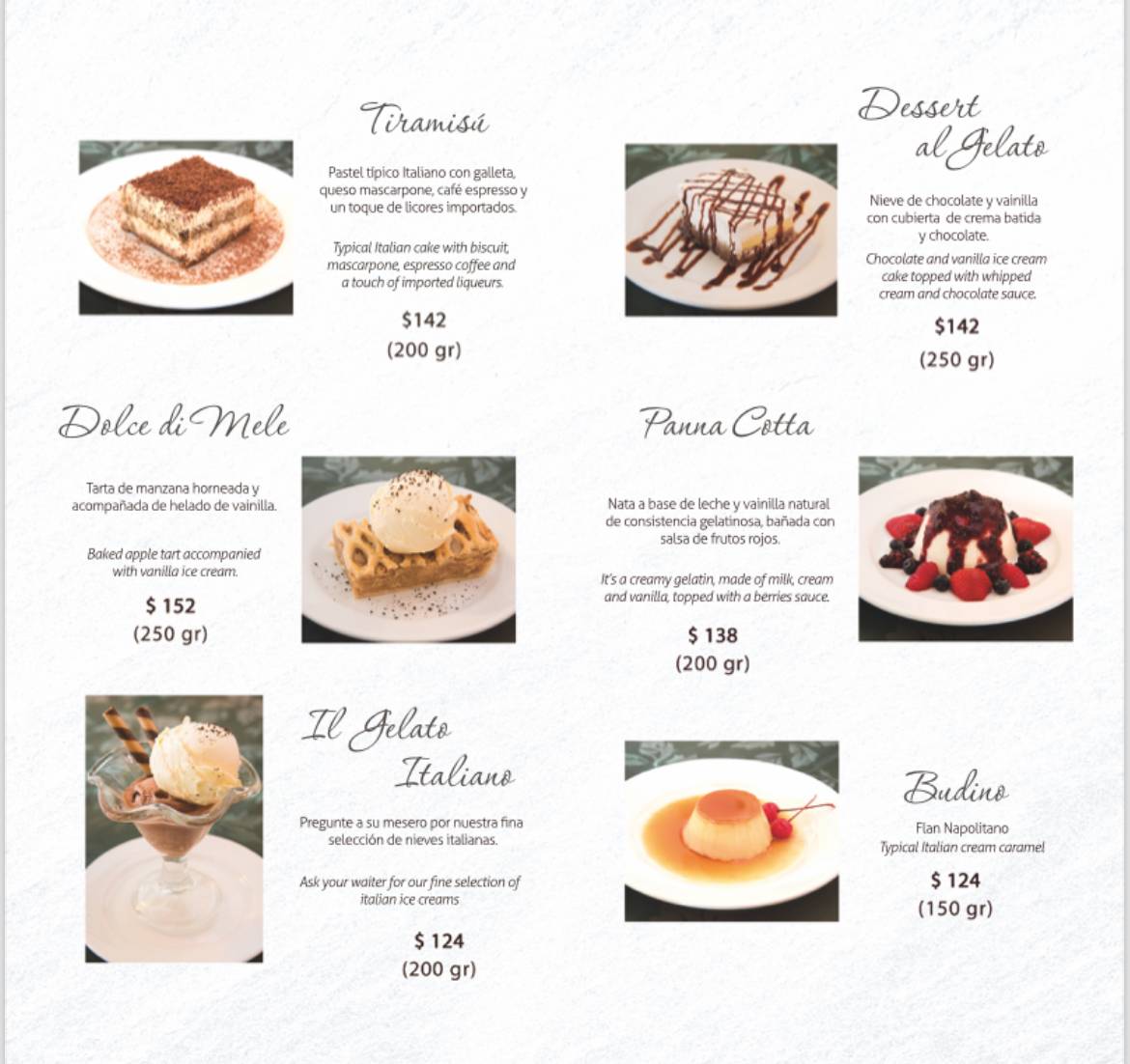 Menu at La Dolce Vita restaurant, Bucerías