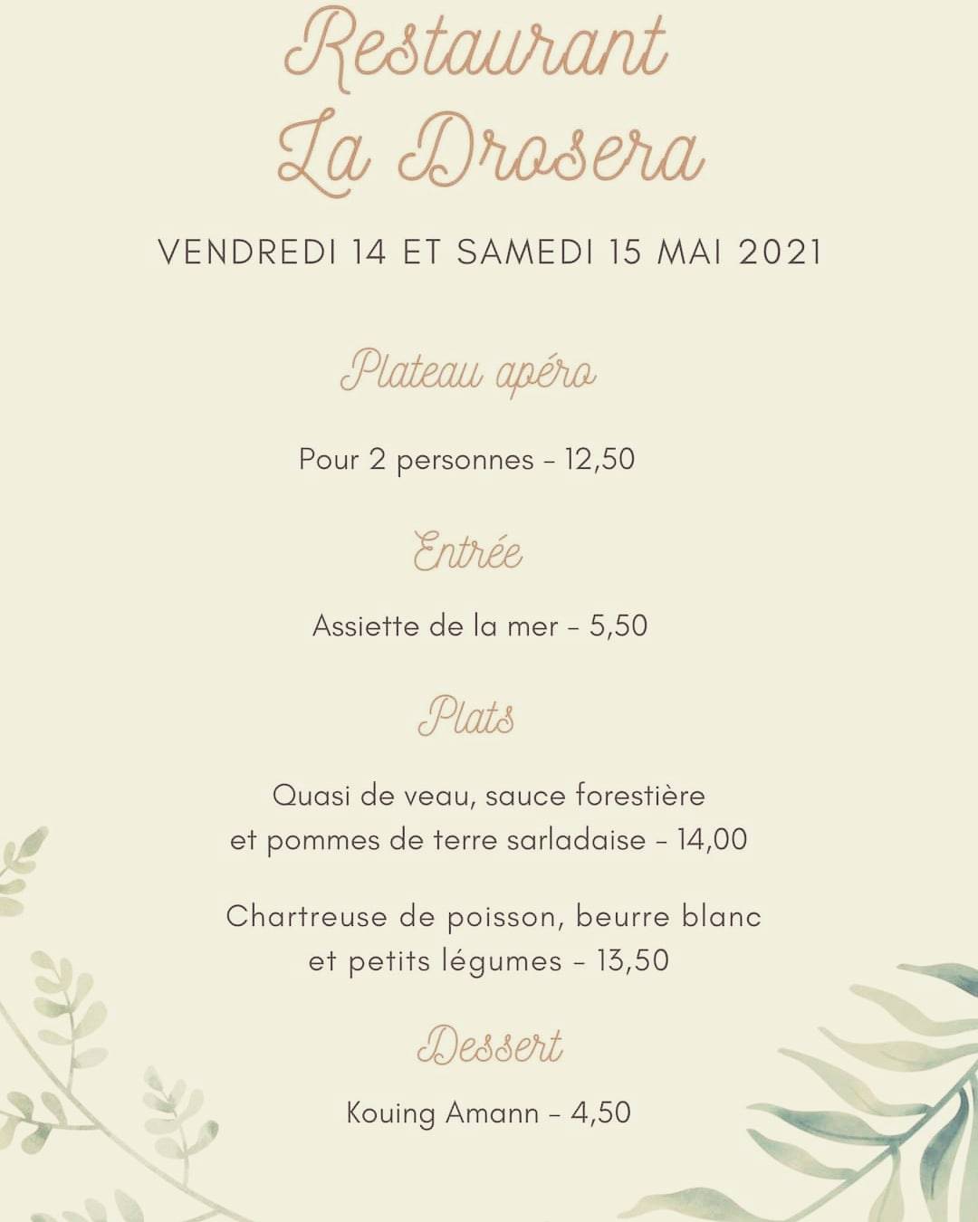 Menu au La Drosera restaurant, Fréhel