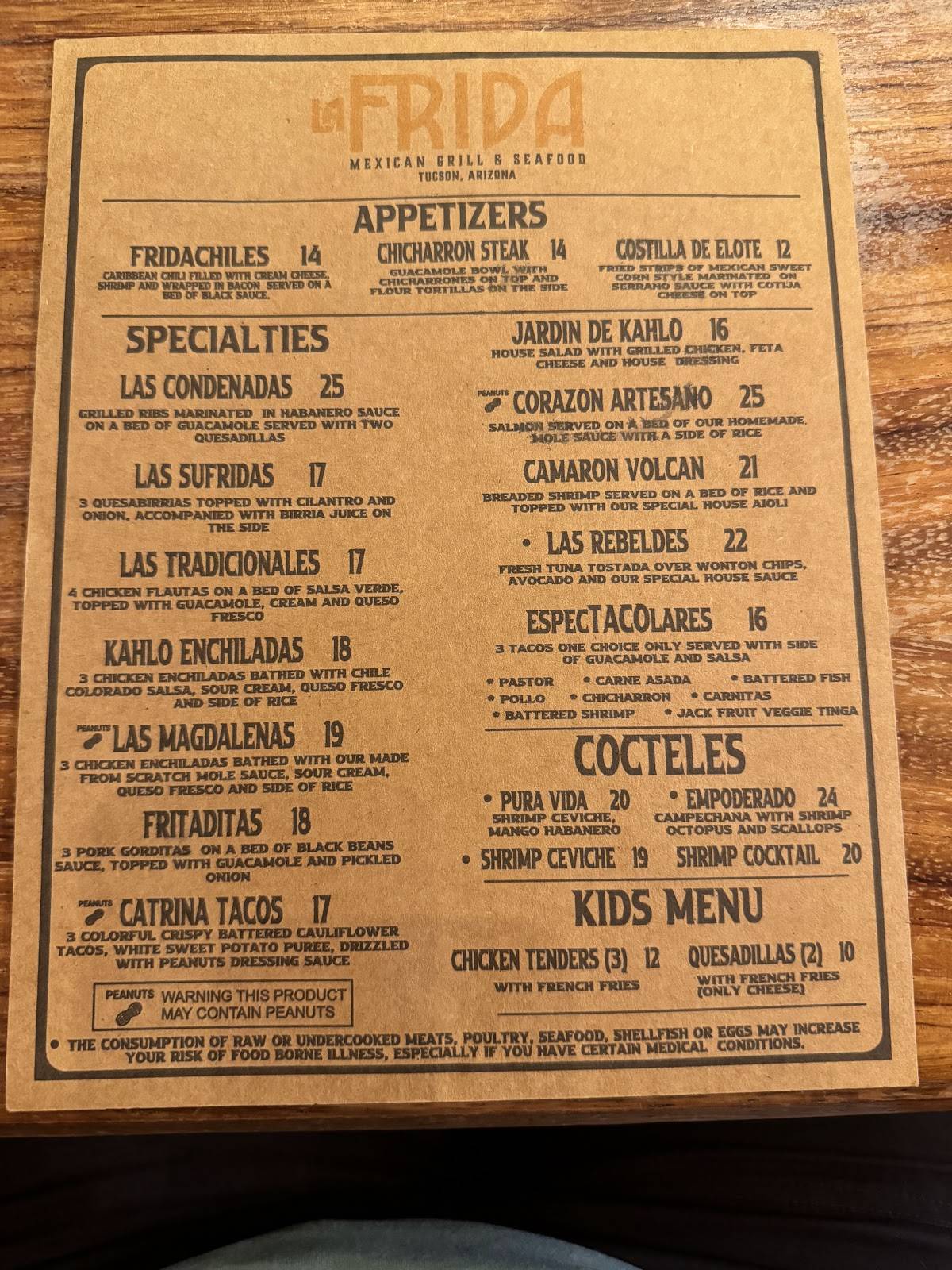 Menu at La Frida Mexican Grill & Seafood pub & bar, Tucson