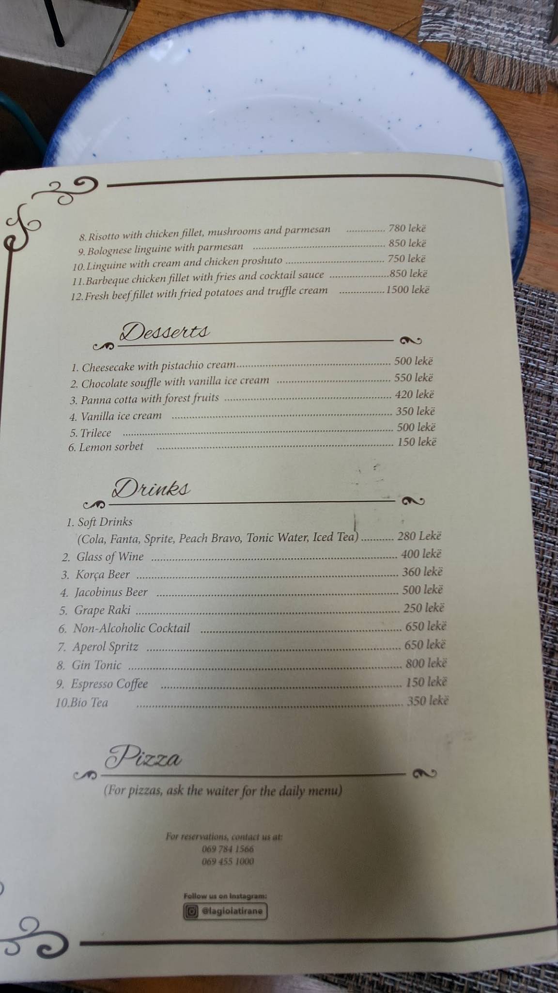 Menu at La Gioia restaurant, Tirana