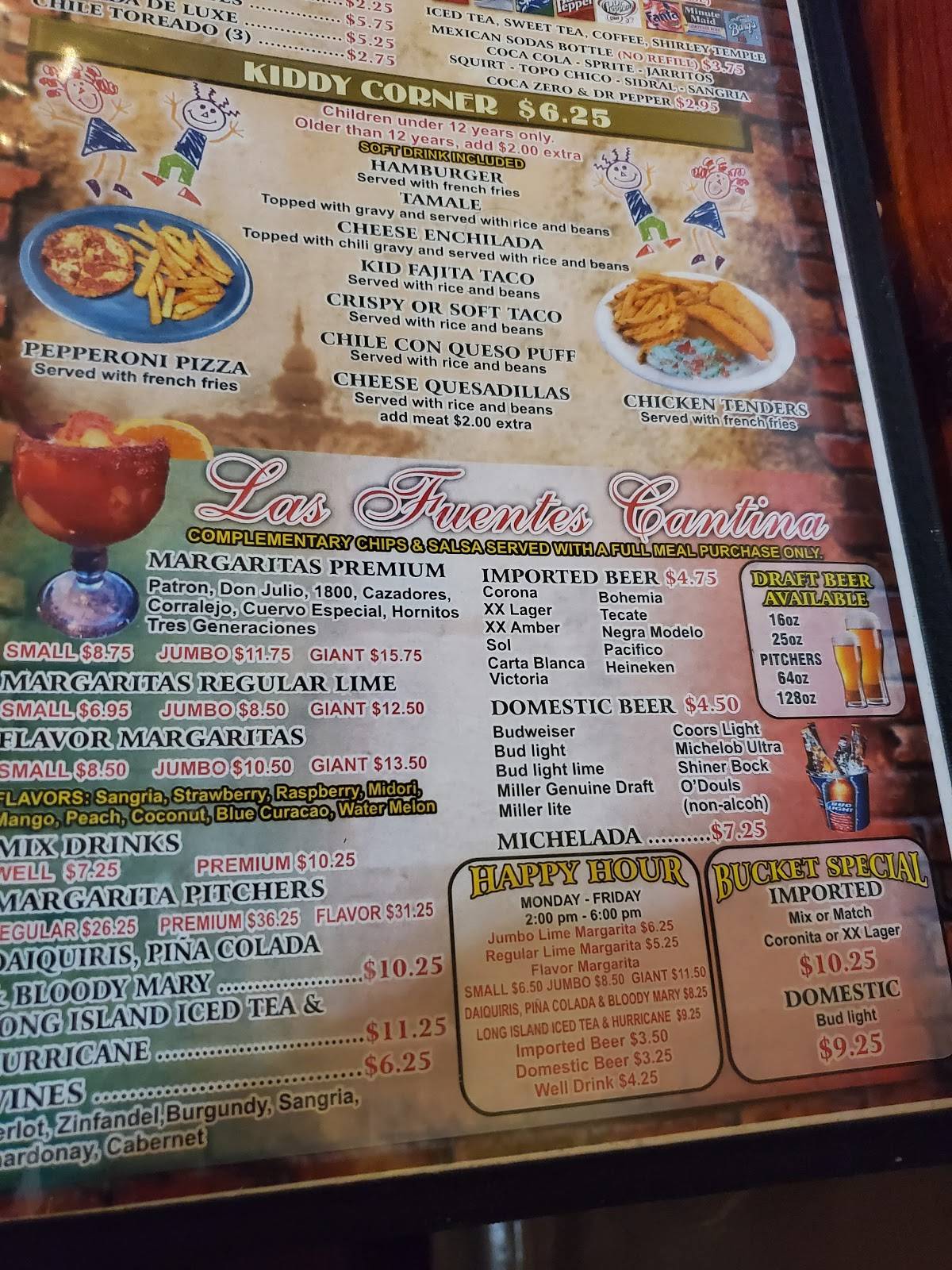 Menu at Las Fuentes restaurant, La Grange