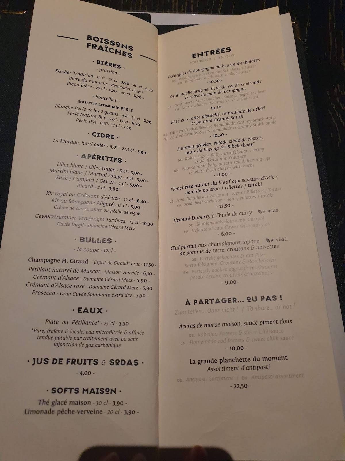 Menu au La Hache restaurant, Strasbourg