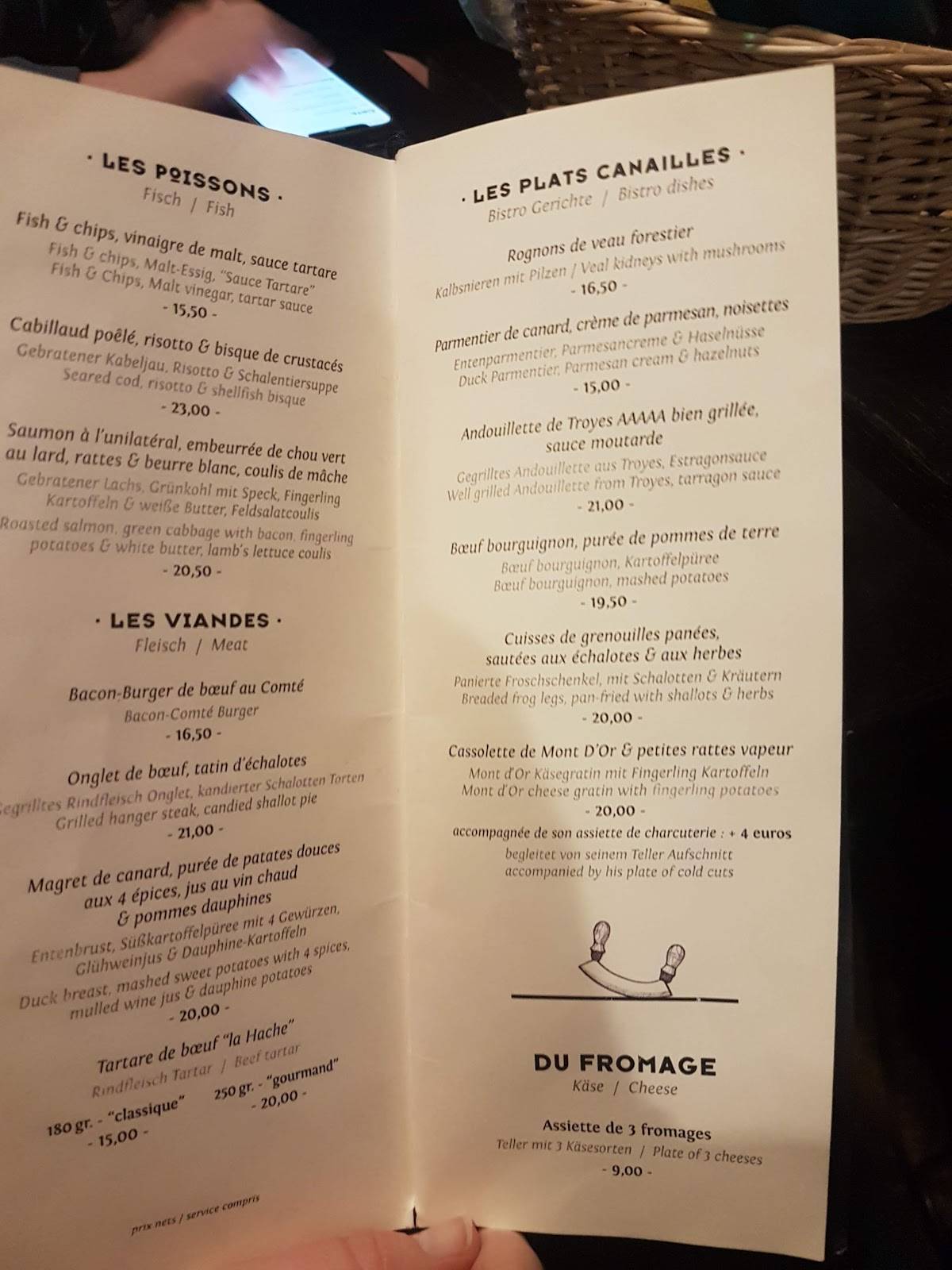 Menu au La Hache restaurant, Strasbourg