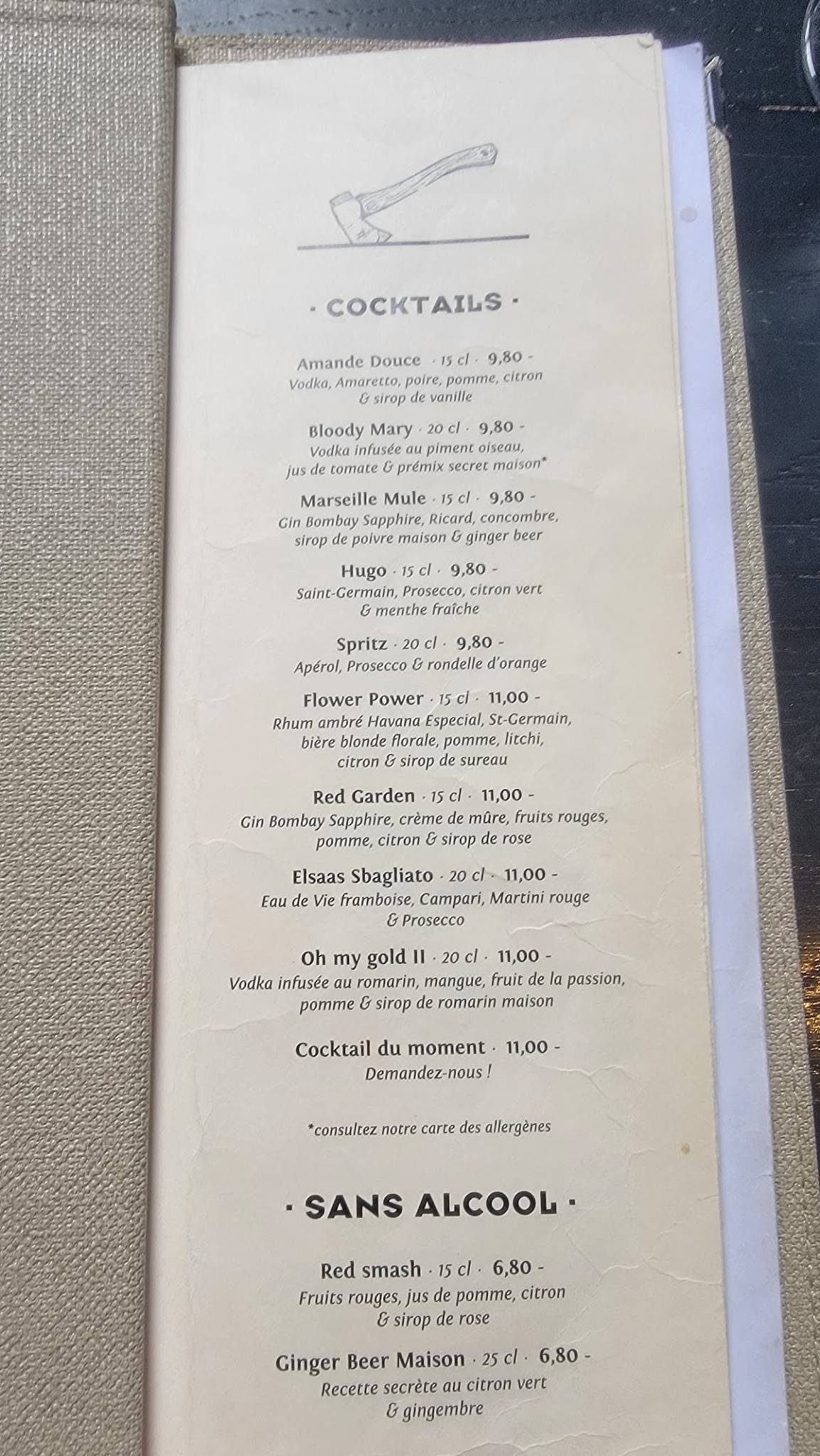 Menu au La Hache restaurant, Strasbourg
