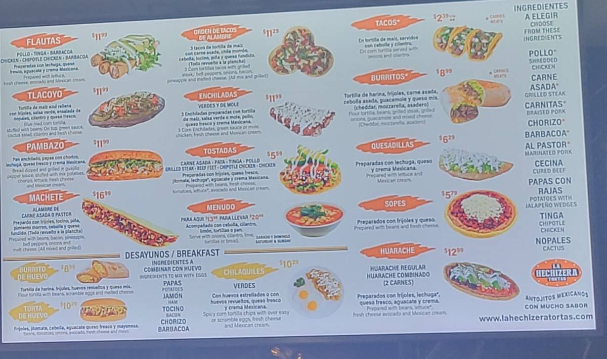 Menu at La Hechizera Tortas restaurant, Irving