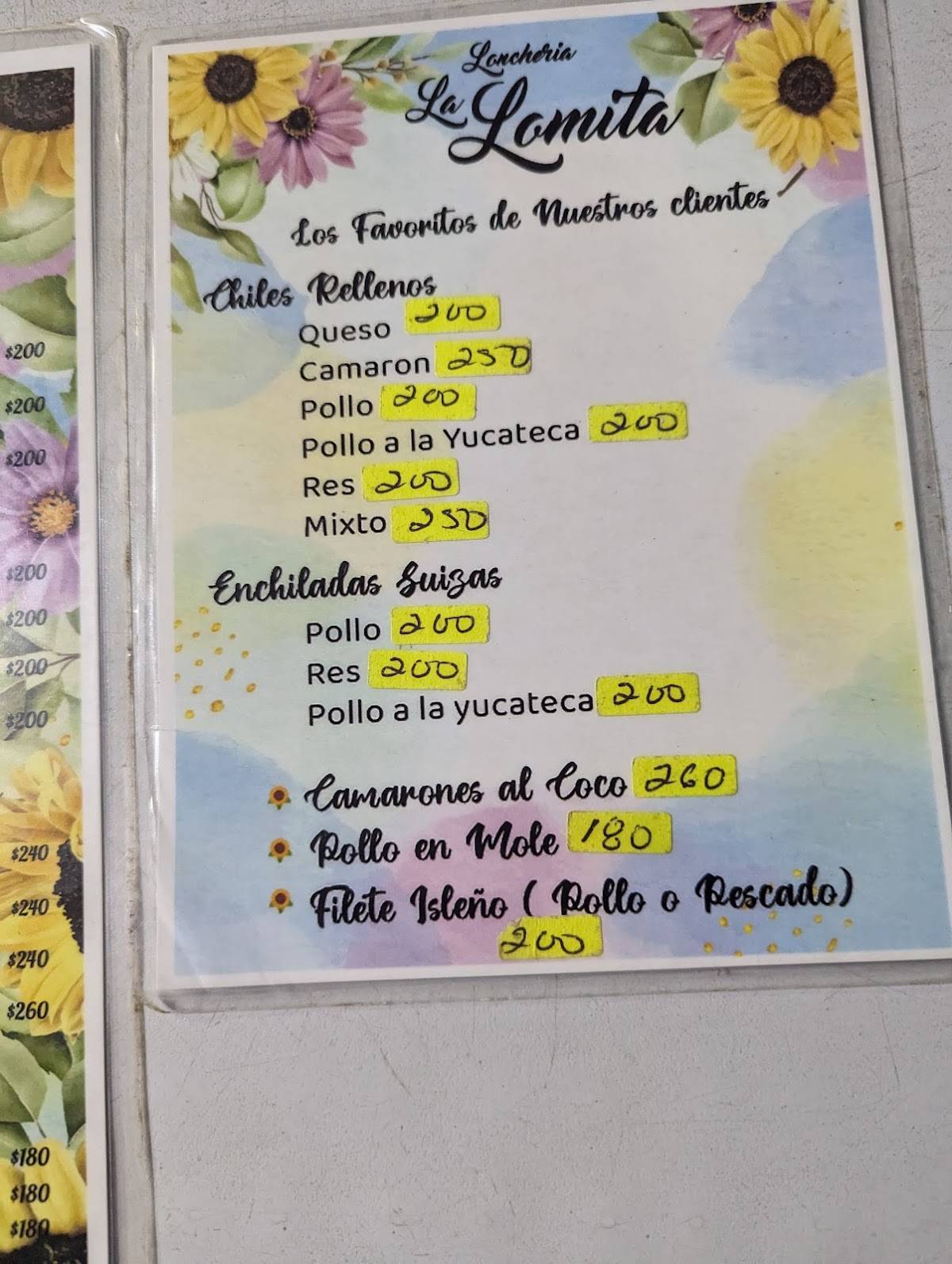 Menu at La Lomita restaurant, Isla Mujeres