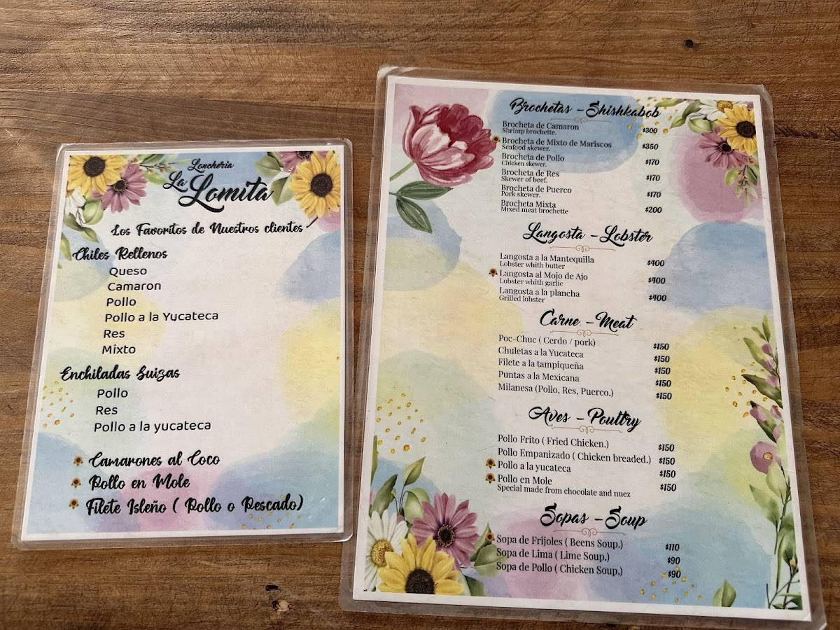 Menu at La Lomita restaurant, Isla Mujeres