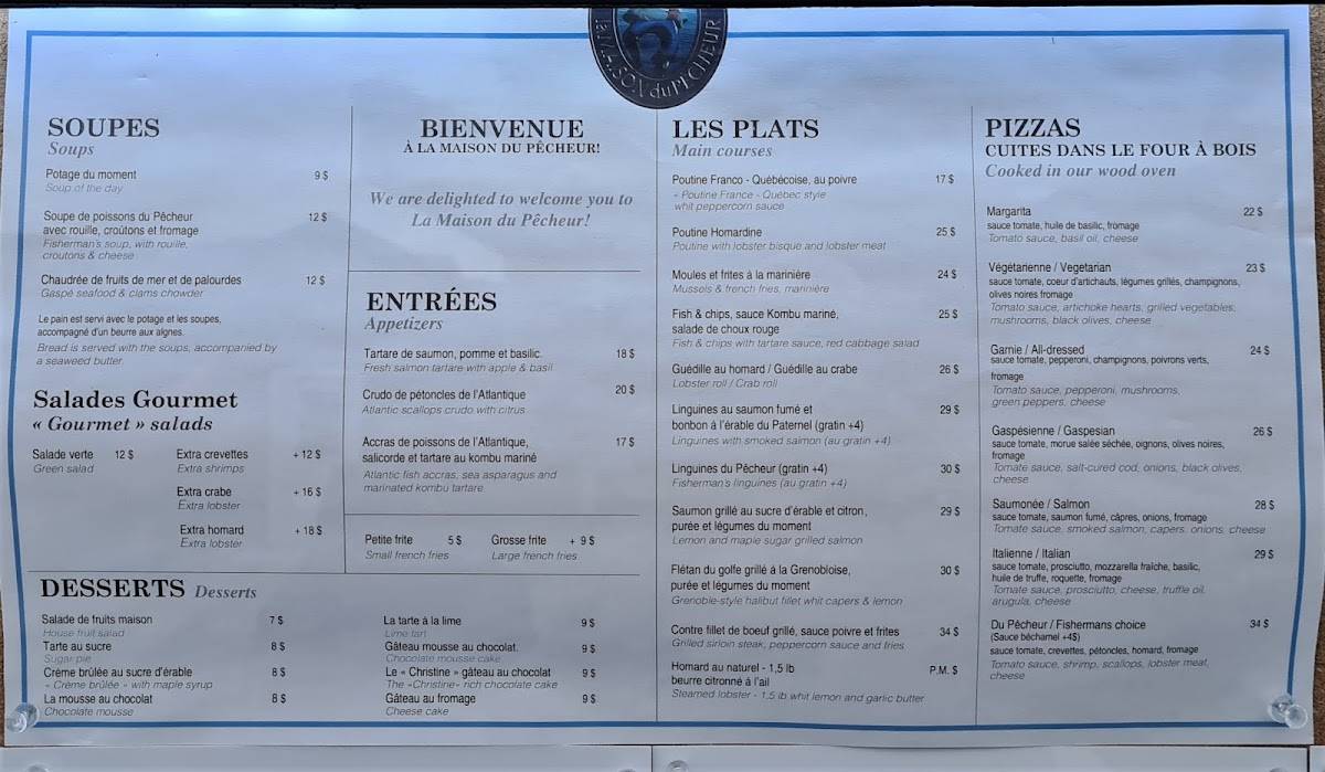 Menu au La Maison du Pêcheur restaurant, Percé