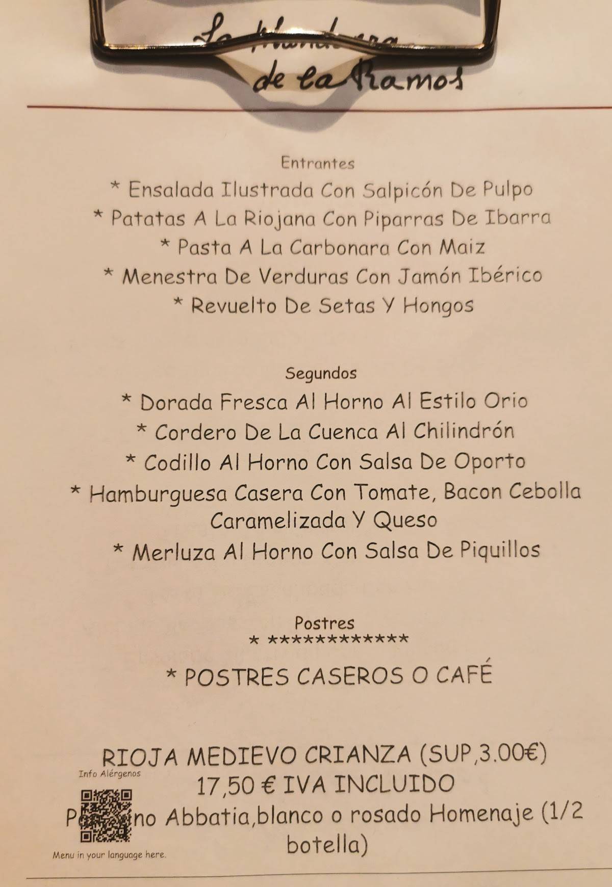 Carta de cafetería La Mandarra de La Ramos, Pamplona