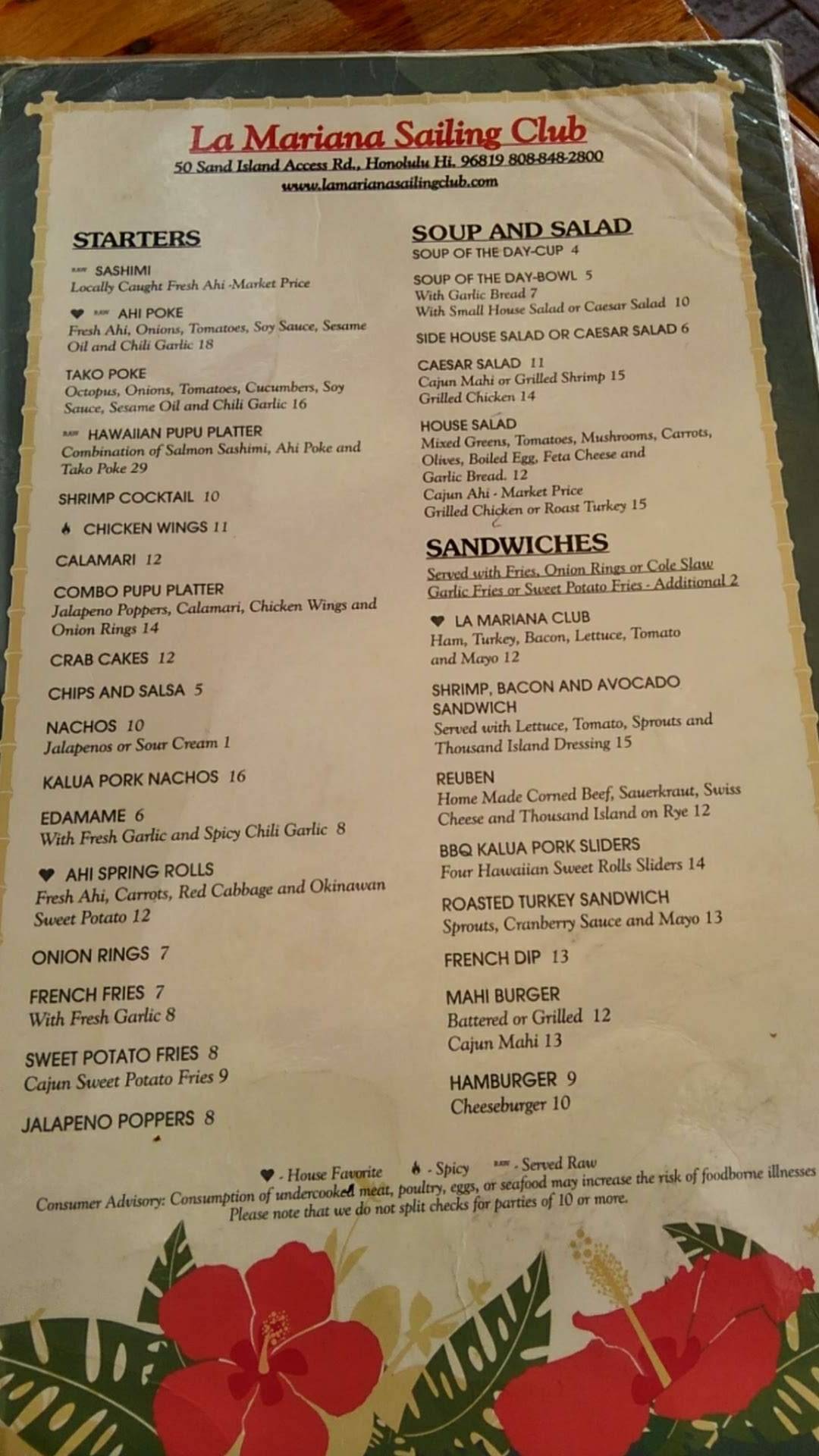 Menu at La Mariana Sailing Club, Honolulu, 50 Sand Island Access Rd