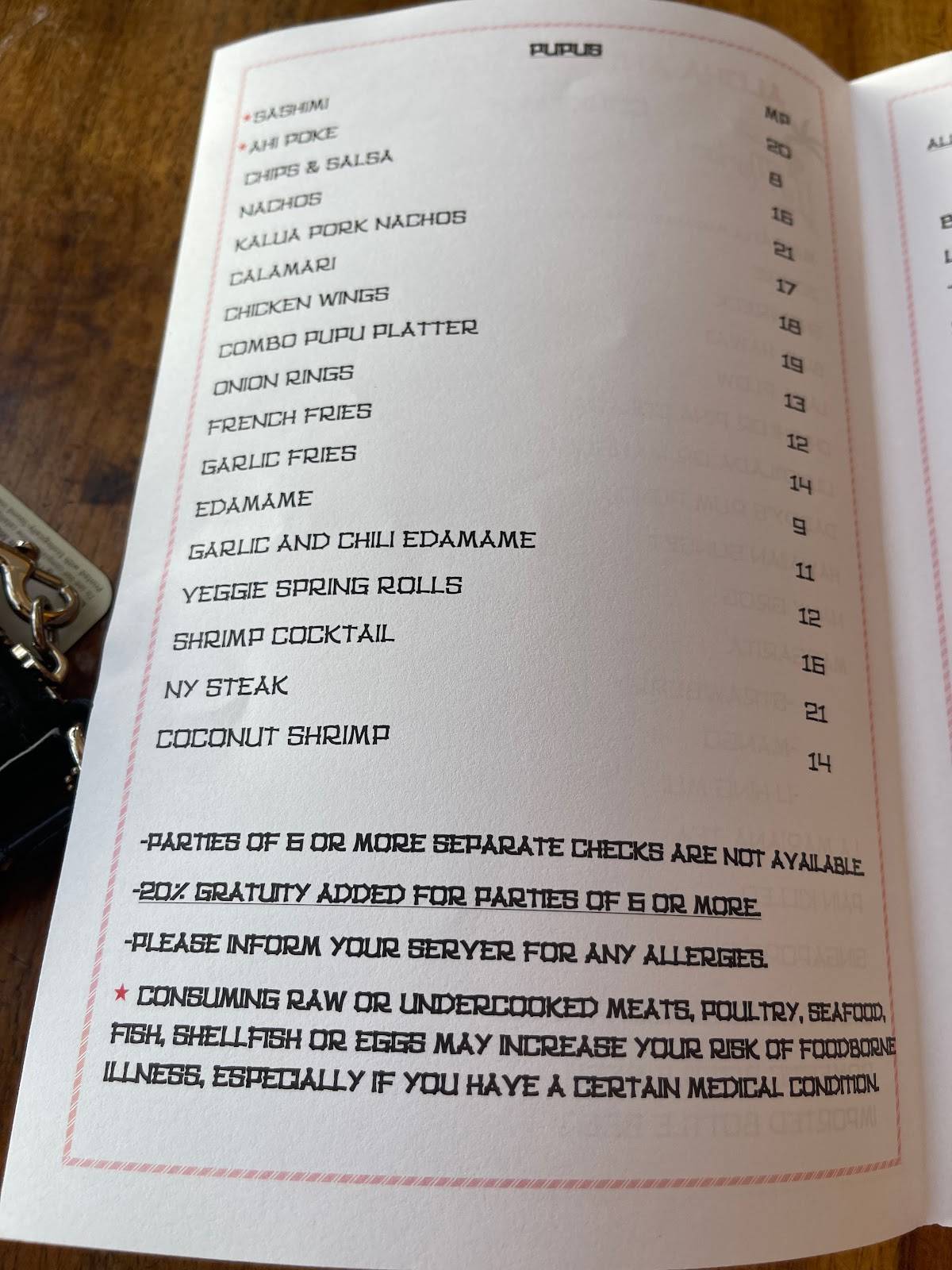 Menu at La Mariana Sailing Club, Honolulu, 50 Sand Island Access Rd