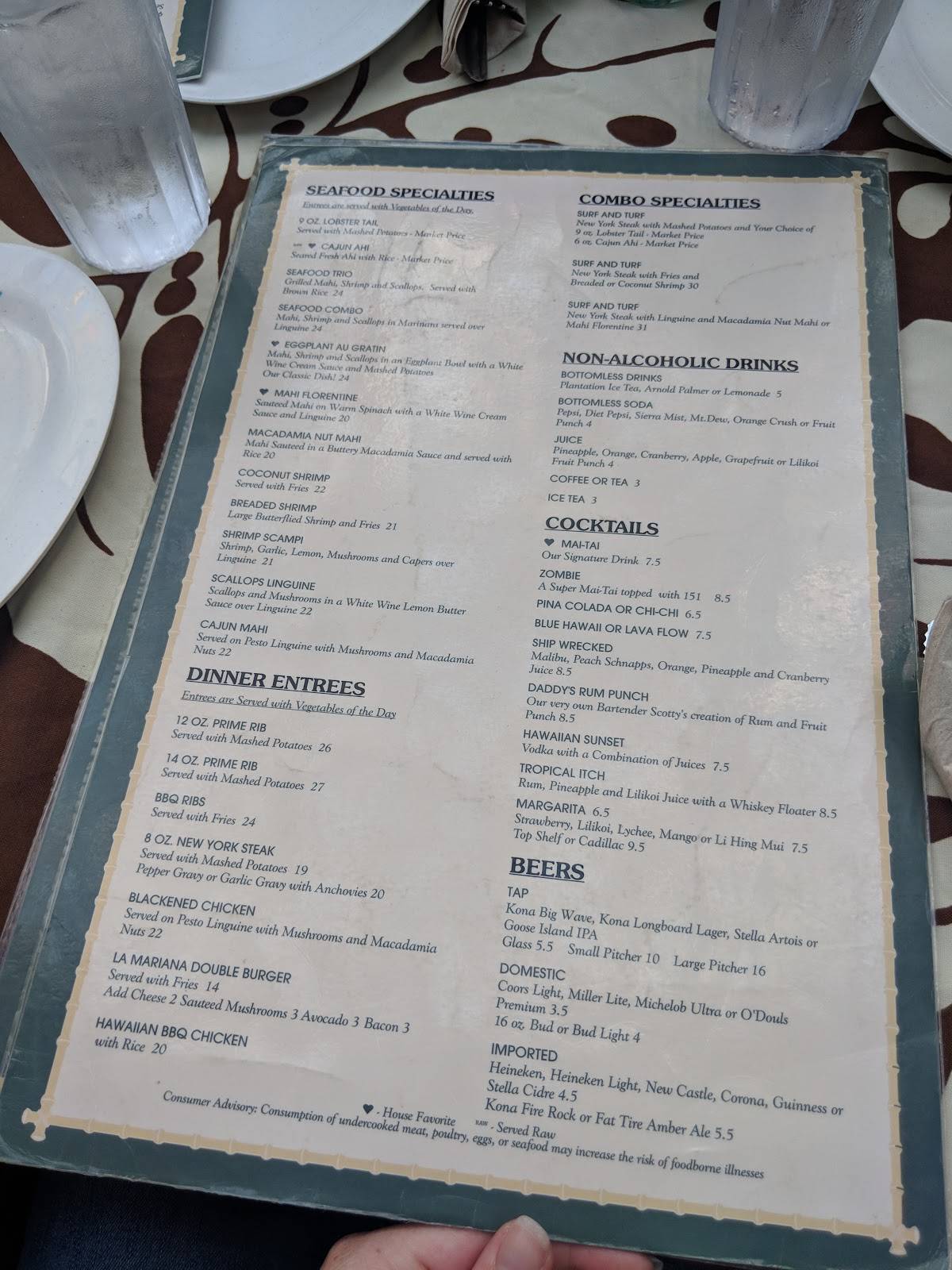 Menu at La Mariana Sailing Club, Honolulu, 50 Sand Island Access Rd