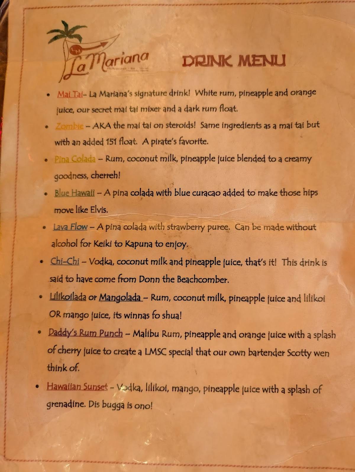 Menu at La Mariana Sailing Club, Honolulu, 50 Sand Island Access Rd