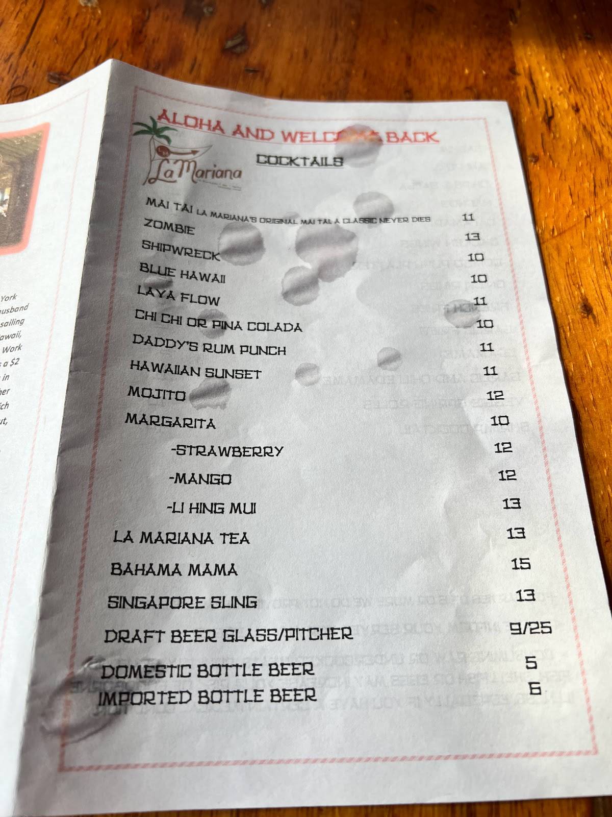 Menu at La Mariana Sailing Club, Honolulu, 50 Sand Island Access Rd