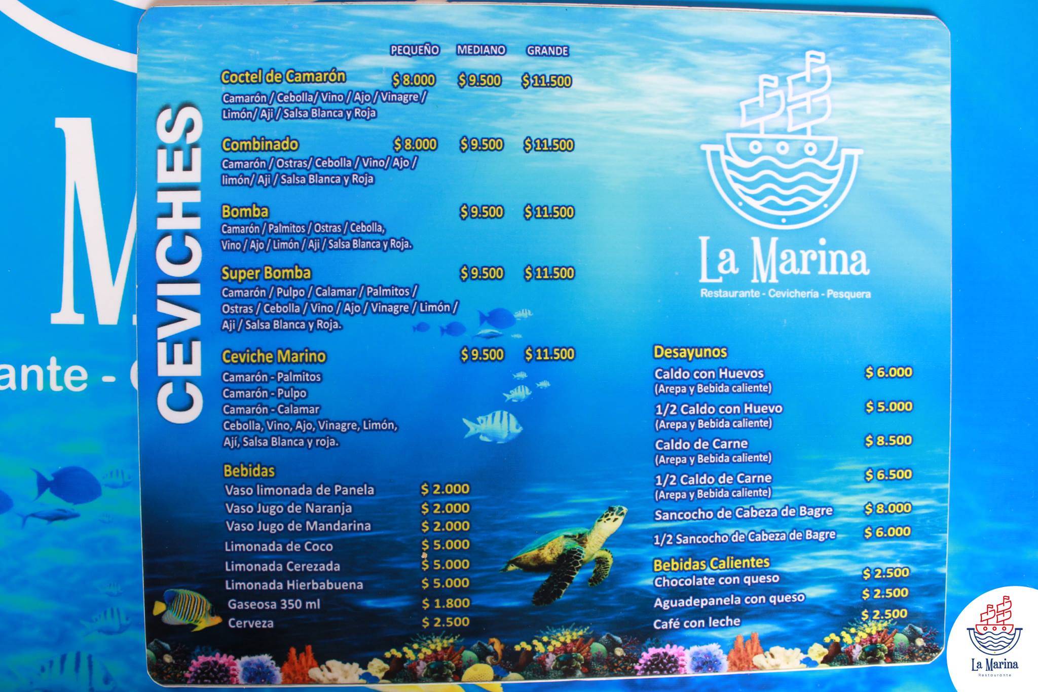 Carta del restaurante La Marina, Piedecuesta