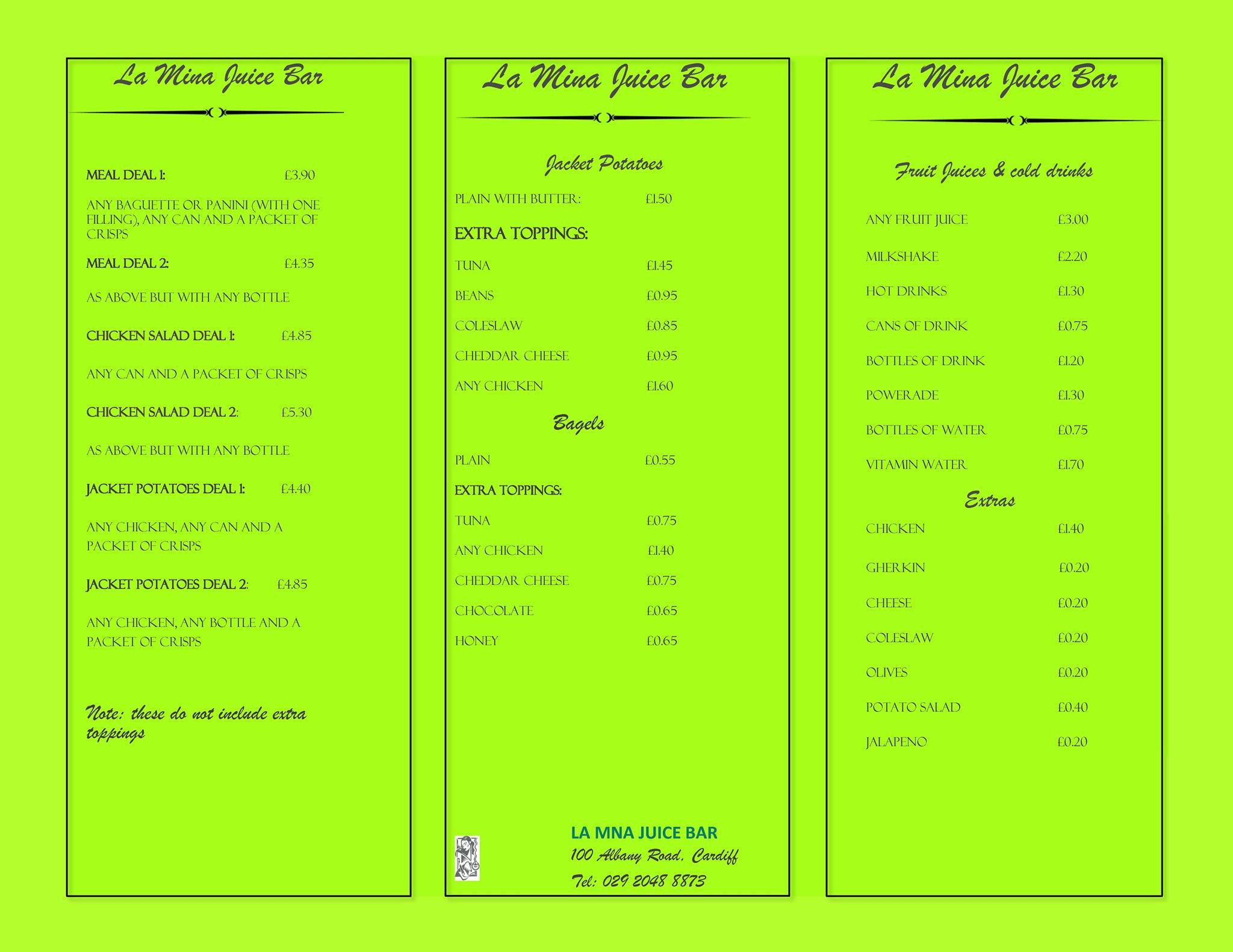 Carta del pub y bar La Mina, Cardiff