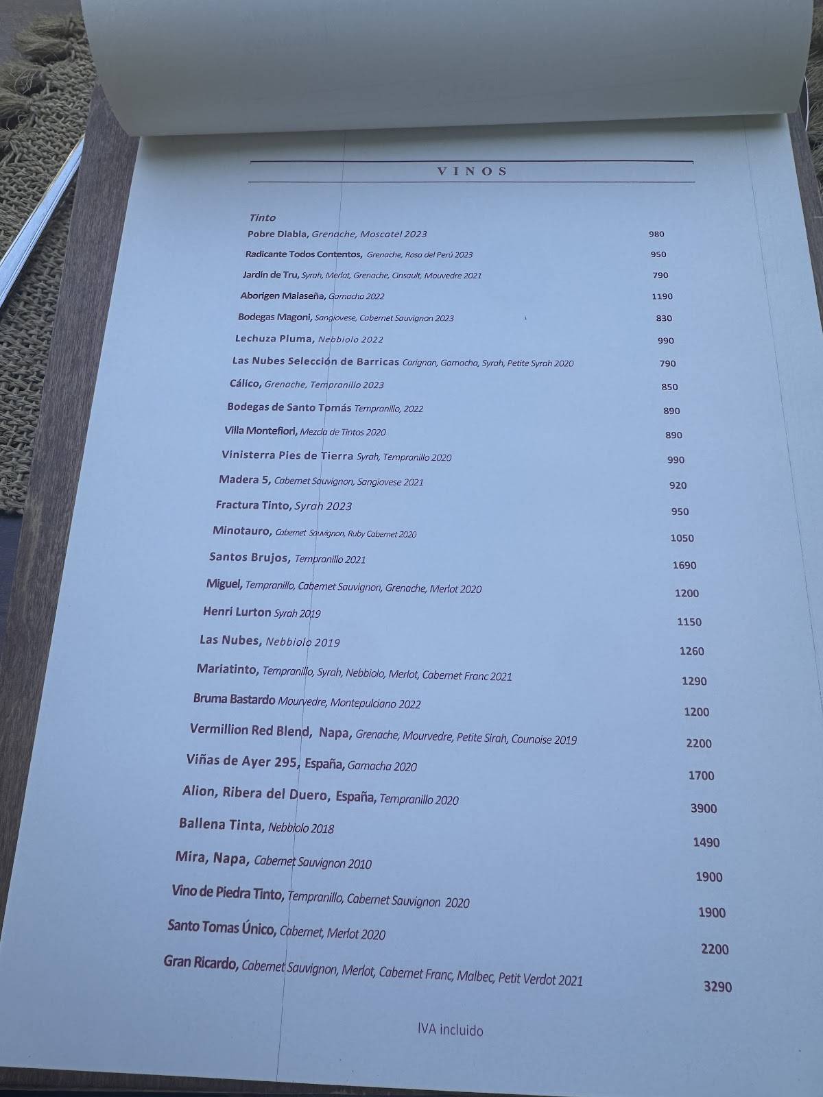 Menu at La Morocha Resta Bar, Ensenada