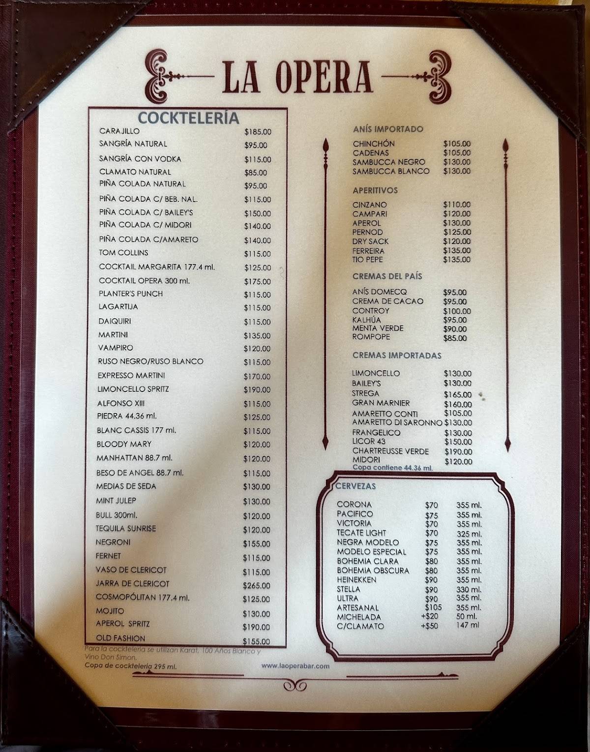 Menu at La Opera pub & bar, Mexico City, Av. 5 de Mayo #10