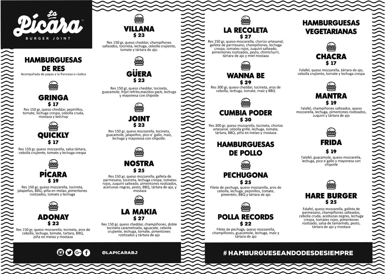 Carta del restaurante La Pícara -Burger Joint, Dibulla