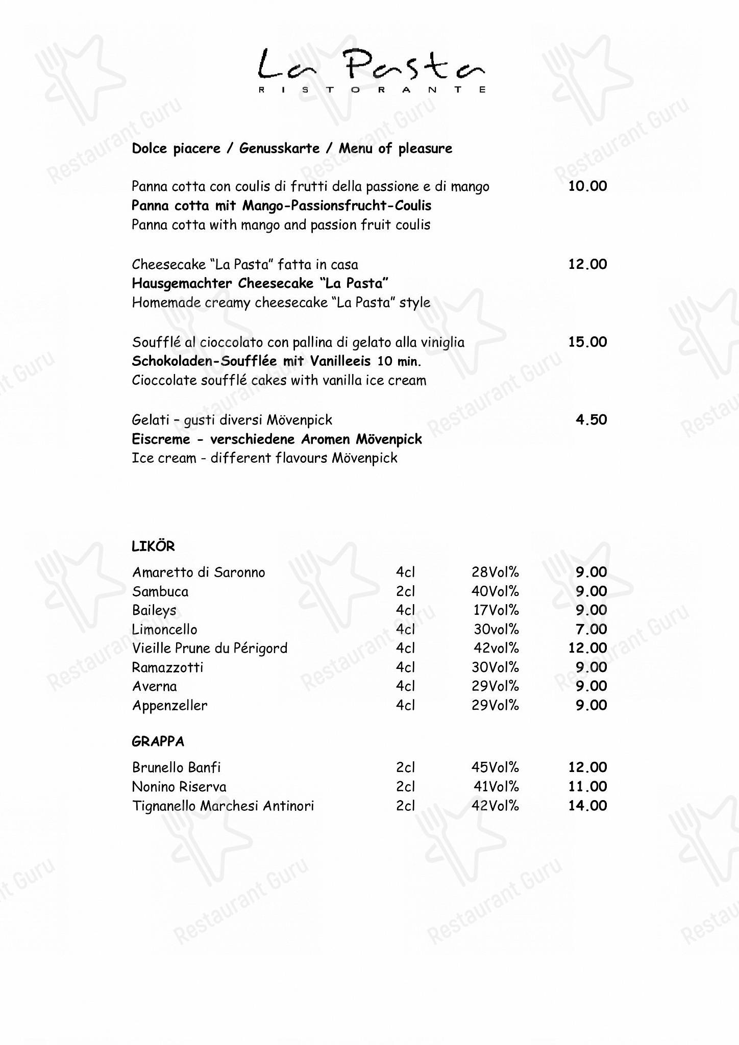 Speisekarte von La Pasta, Zürich