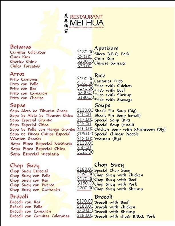Carta del restaurante Mei Hua, La Paz