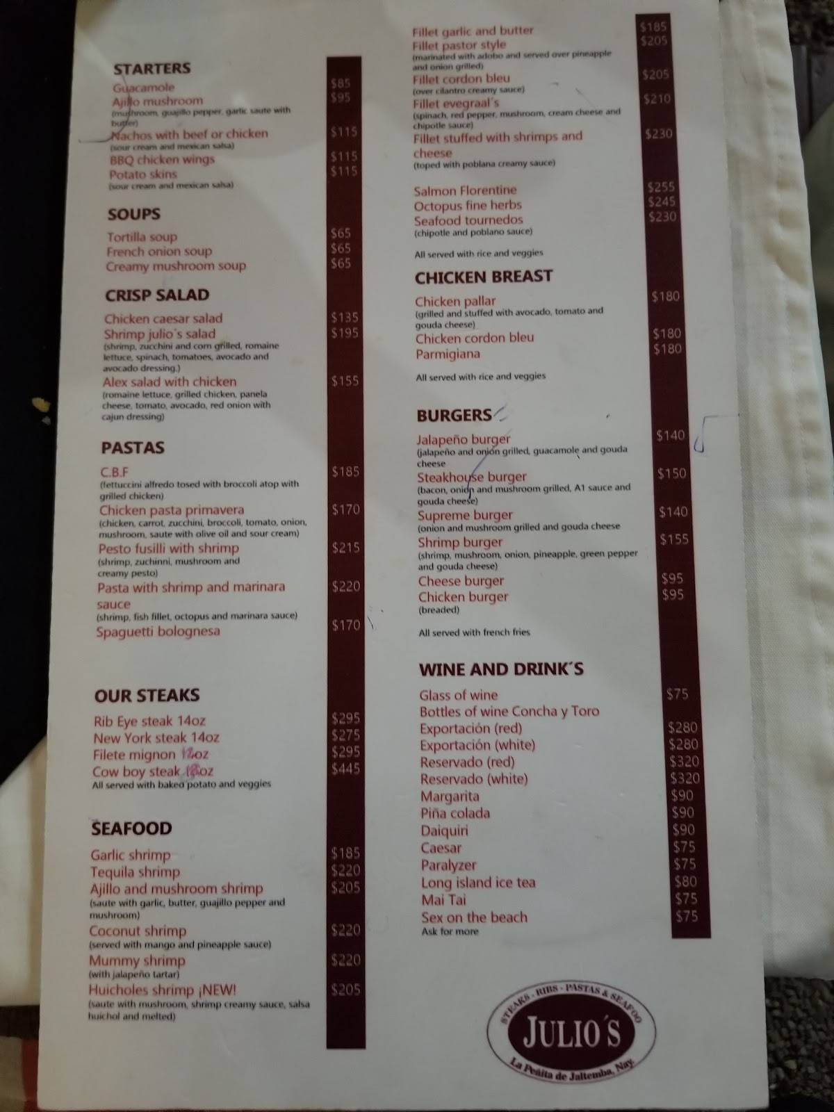 Menu at Julios Steak House restaurant, La Peñita de Jaltemba, Emiliano ...